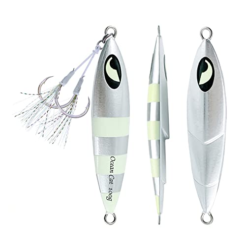 OCEAN CAT 1 PC Slow Fall Pitch Lead Metal Flat Fishing Jigs Lures Sinking Vertical Jigging Bait with Butterfly Hook for Saltwater Fishing (Silver, 100g)