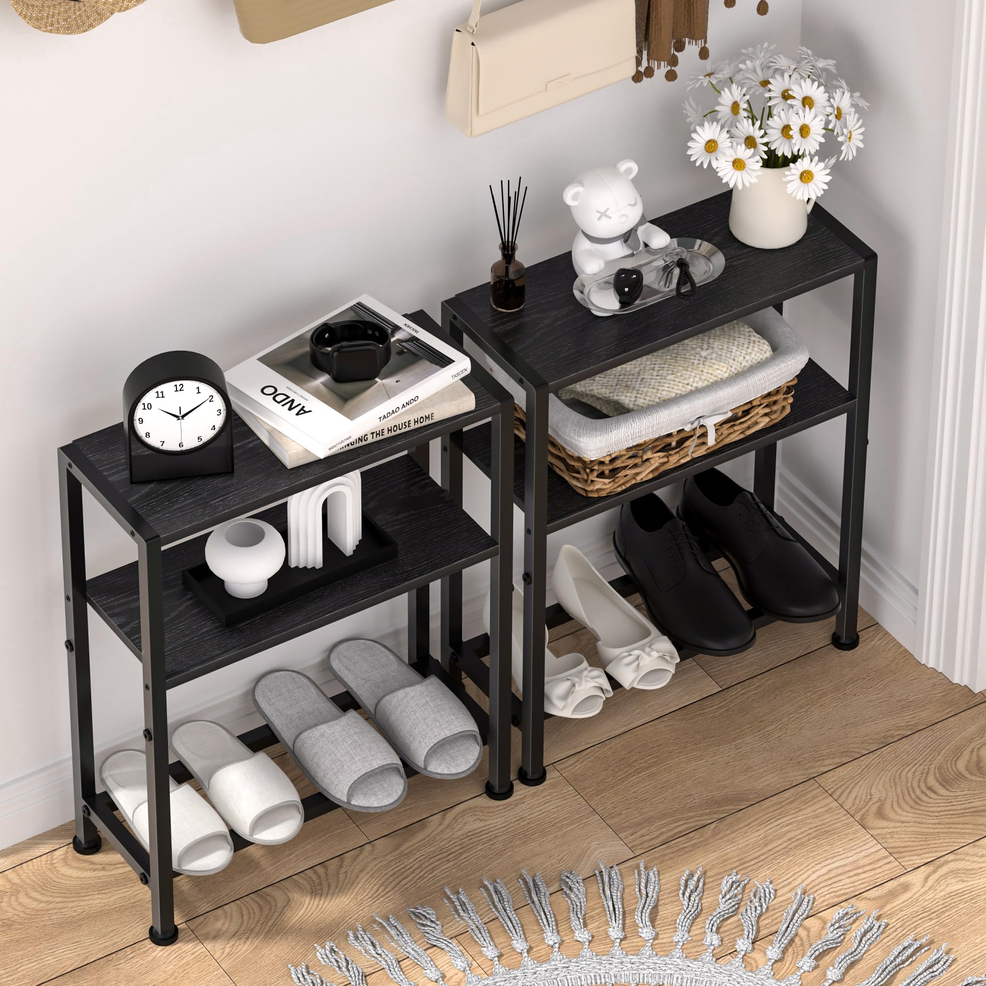 Narrow Side Table with Storage Shelf, 3-Tier Slim End Table for Small Space, Small Bedside Table, Skinny Nightstand with Magazine Rack in Living Room, Bedroom, Study, Kitchen, Balcony (Black)