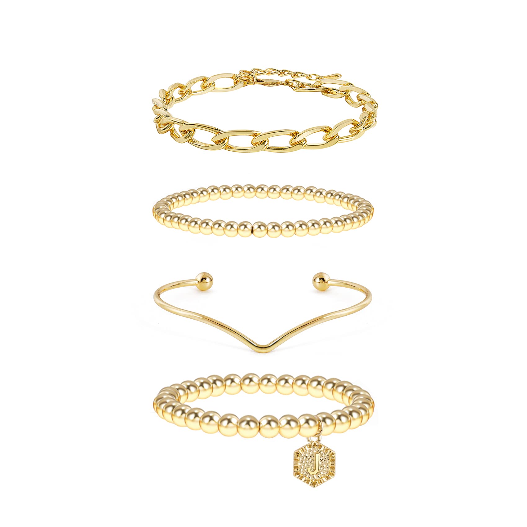 Elegance 11 designs Gold Bracelets For Women Trendy Stackable Bead Bracelet Initial Stretch Bangle For Women Gift With Initial J