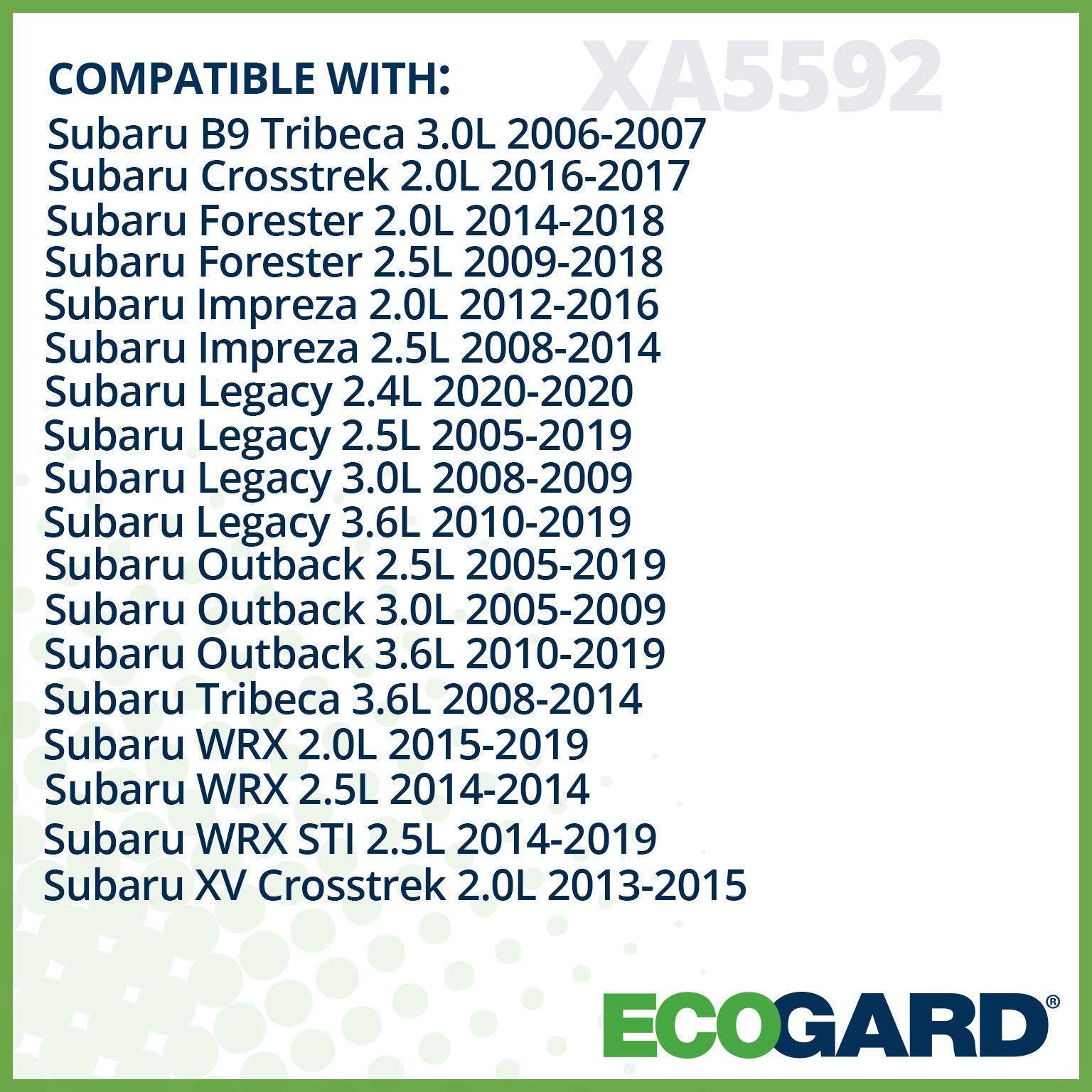 ECOGARD XA5592 Premium Engine Air Filter Fits Subaru Outback 2.5L 2005-2019, Forester 2.5L 2009-2018, Legacy 2.5L 2005-2019, Impreza 2.0L 2012-2016, Outback 3.6L 2010-2019