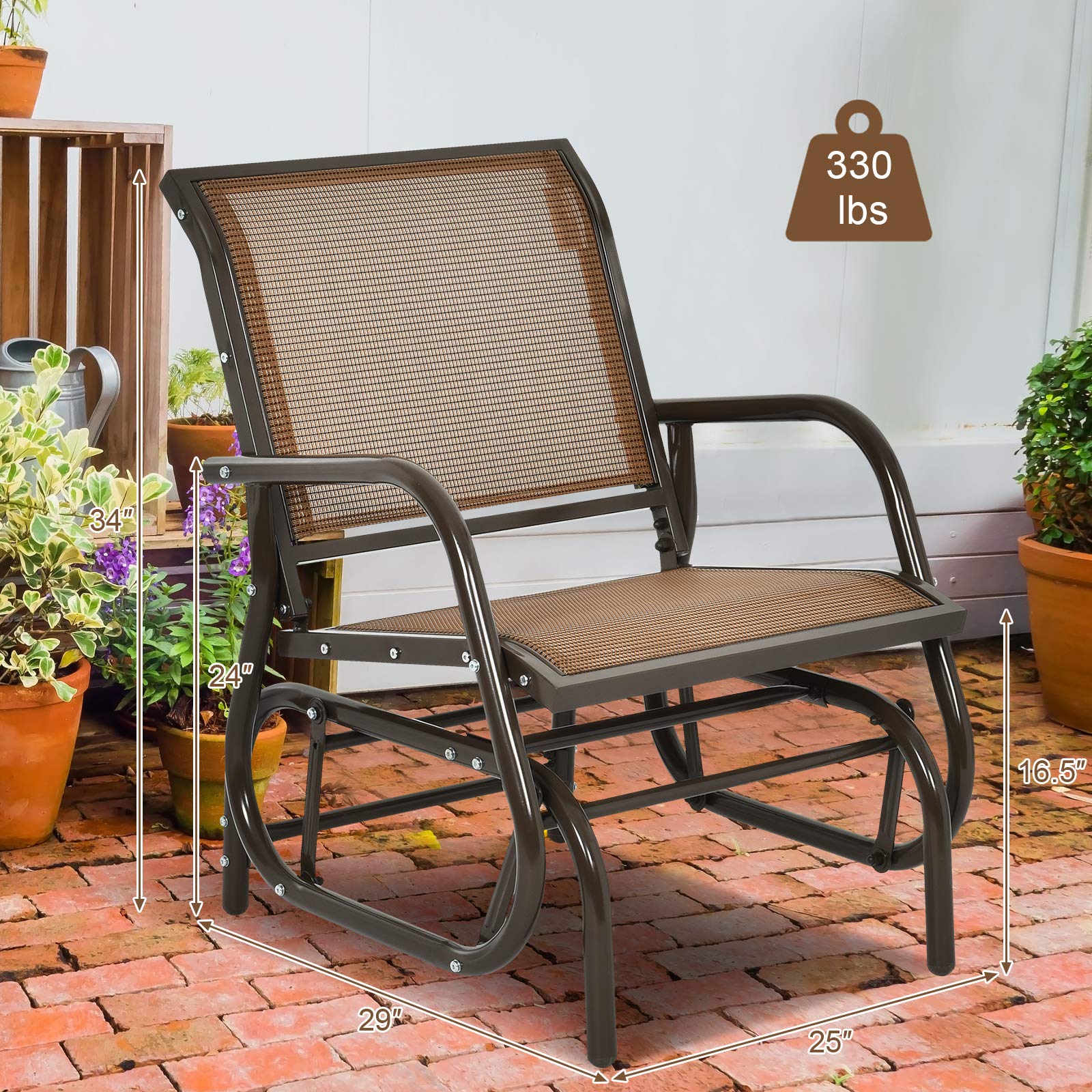 S AFSTAR Outdoor Patio Glider Chairs Set of 2, Porch Glider Swing with Breathable Mesh Fabric and Sturdy Steel Frame, Load Capacity 330LBS, Single Glider Chair for Outside Garden Backyard (Brown)