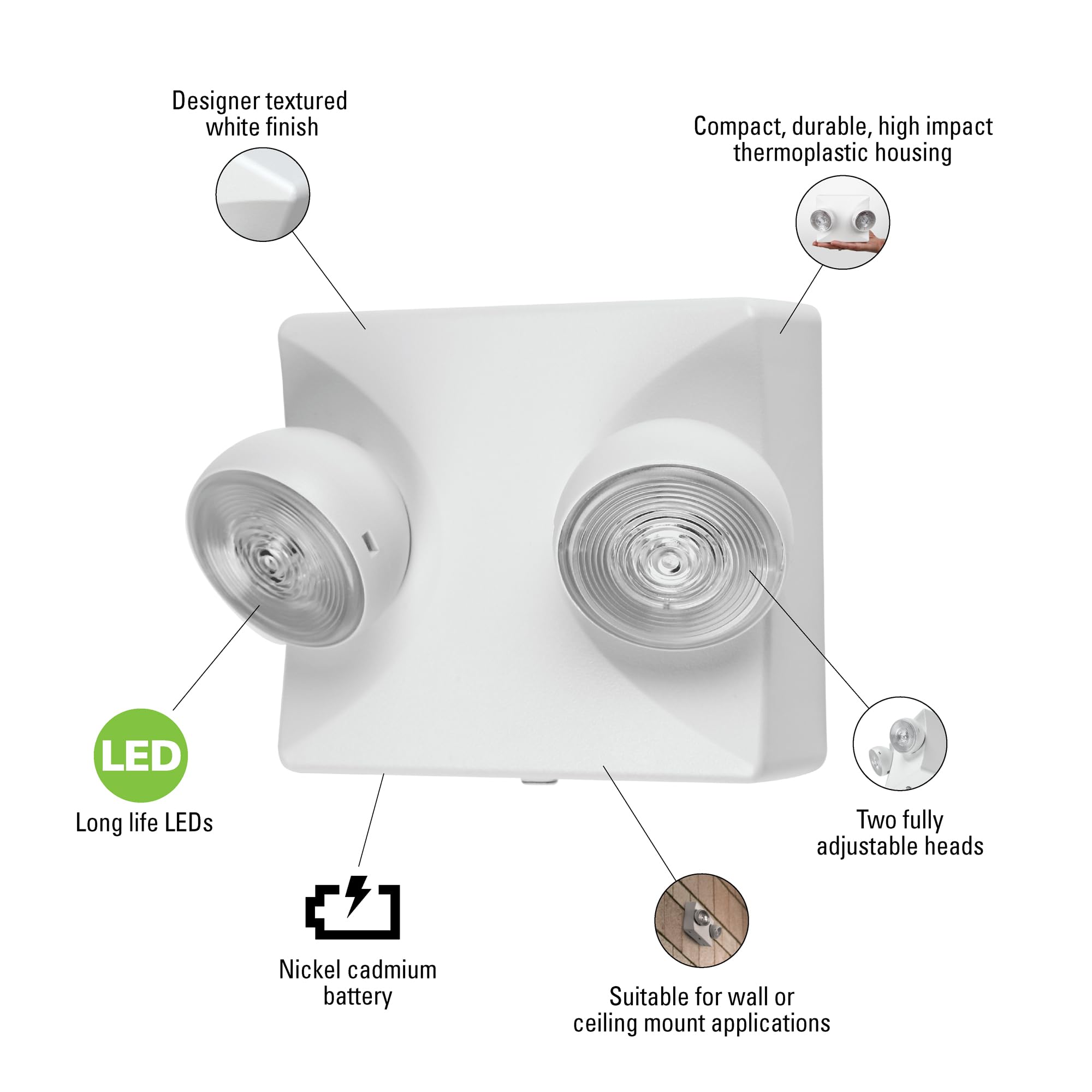 Sure-Lites All-Pro APELMINI-R 1.5 Watt Compact Emergency Light with 2 LED Heads - 90 Minutes Emergency Run Time, Adjustable Heads, Easy Installation, White Finish, 4 Pack