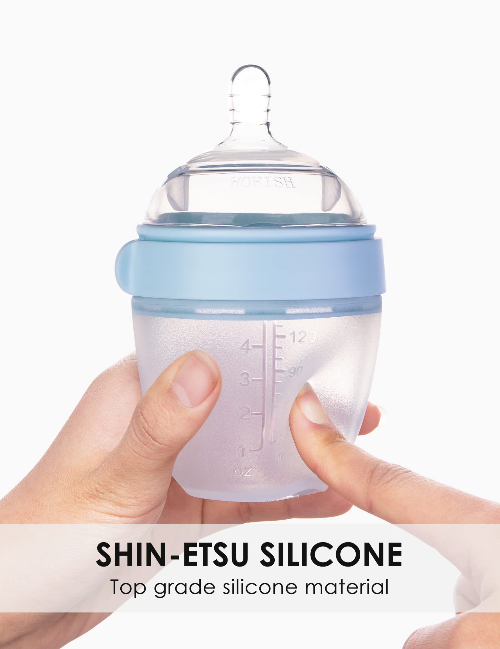 HOFISH Silicone Baby Bottle, Anti-Colic, Natural Feel, Easy to Clean Blue, 5 Ounce for 0-6m