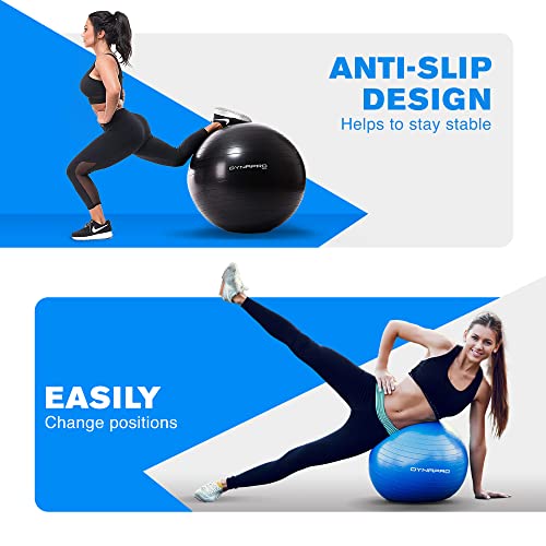DYNAPRO - Exercise Ball, Extra Thick Anti-Burst Material, Heavy Duty Yoga Ball for Workout, Pregnancy and Physical Therapy, Hand Pump and Exercise Resource Included, Black
