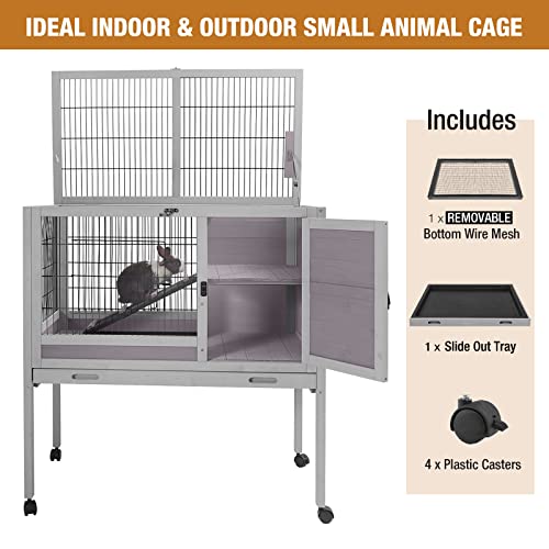Rabbit Hutch Indoor, Bunny Cage Pet House for Small Animals Guinea Pig Cage on Wheels - Removable Wire Mesh