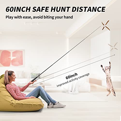 uahpet Natural Feather Cat Toys for Indoor Cats Retractable Cat Wand 60inch Safe Hunting Distance Interactive Toys for Kittens with 4Pcs Different Senses Replacement Teasers Arouse Cat Desire to Hunt