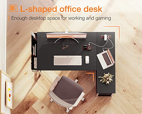 ODK 40 Inch Small L Shaped Gaming Computer Desk with Power Outlets, Reversible Storage Shelves & PC Stand for Home Office, Simple Writing Study Table with Storage Bag for Small Space, Black