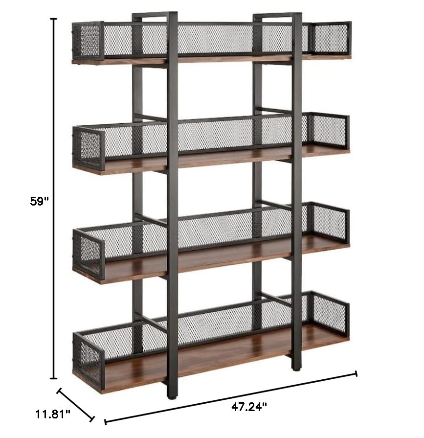 TODDLA 4 Tier Industrial Book Shelf, Solid Wood Bookcase, Rustic Book Case, Metal and Wood Book Shelf, Pine Wood Bookshelves, Real Wood Bookshelf