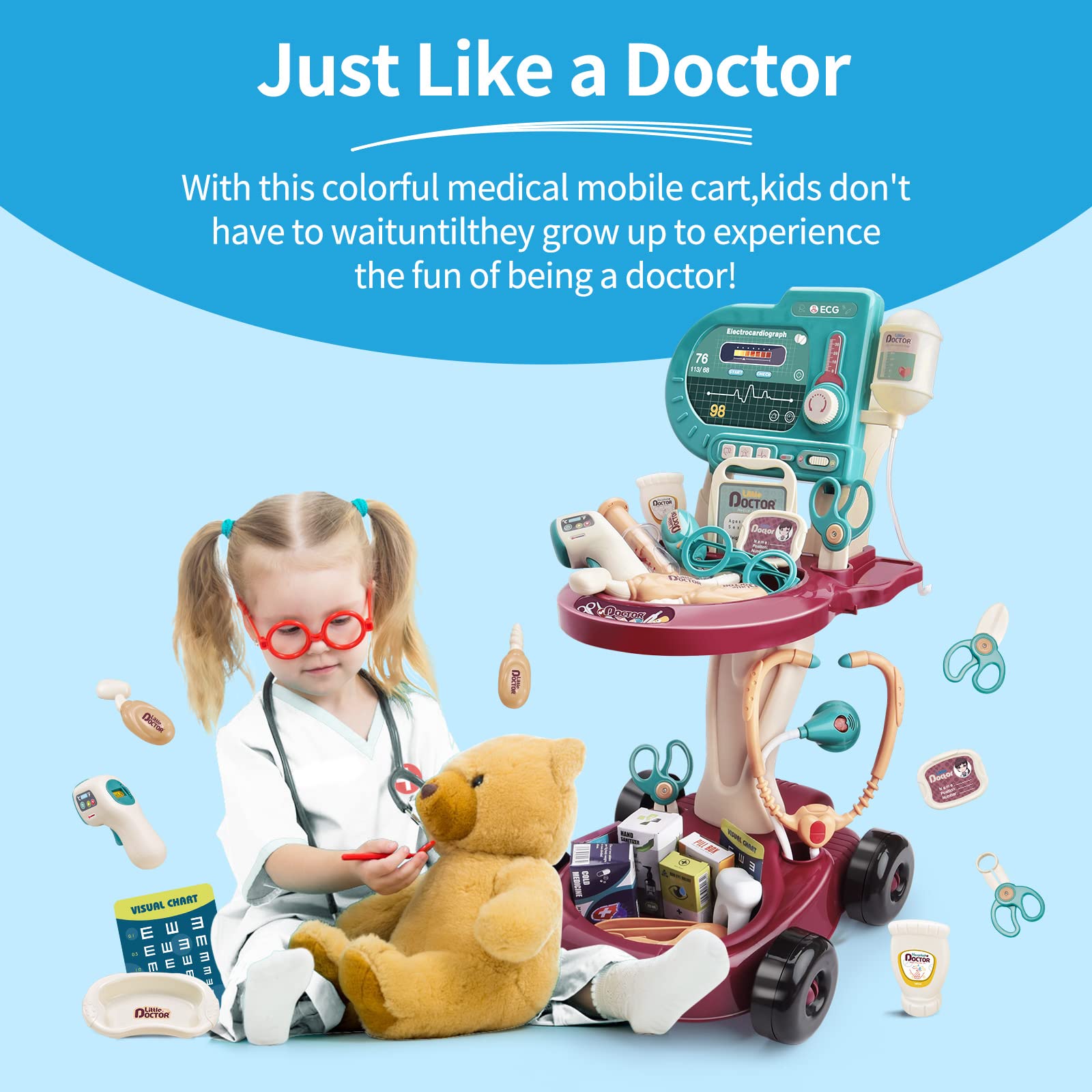 Deejoy Toy Doctor Kit for Kids,Doctor Role Play Costume,Medical Bag,Eye Chart,Thermometer,Stethoscope,Pulse Machine,24 Piece Pretend Medical Station Set for Boys & Girls ,Great Gift for Toddler