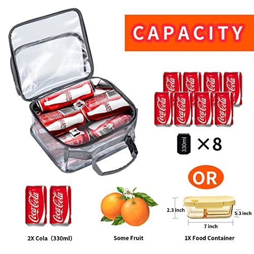 UEASE Small Clear Lunch Bag 8-Can/See Through Lunch Box for Kids with Detachable Hand Strap/Reusable Clear Lunch Bags for Work, Office,School Picnic,Beach(Grey