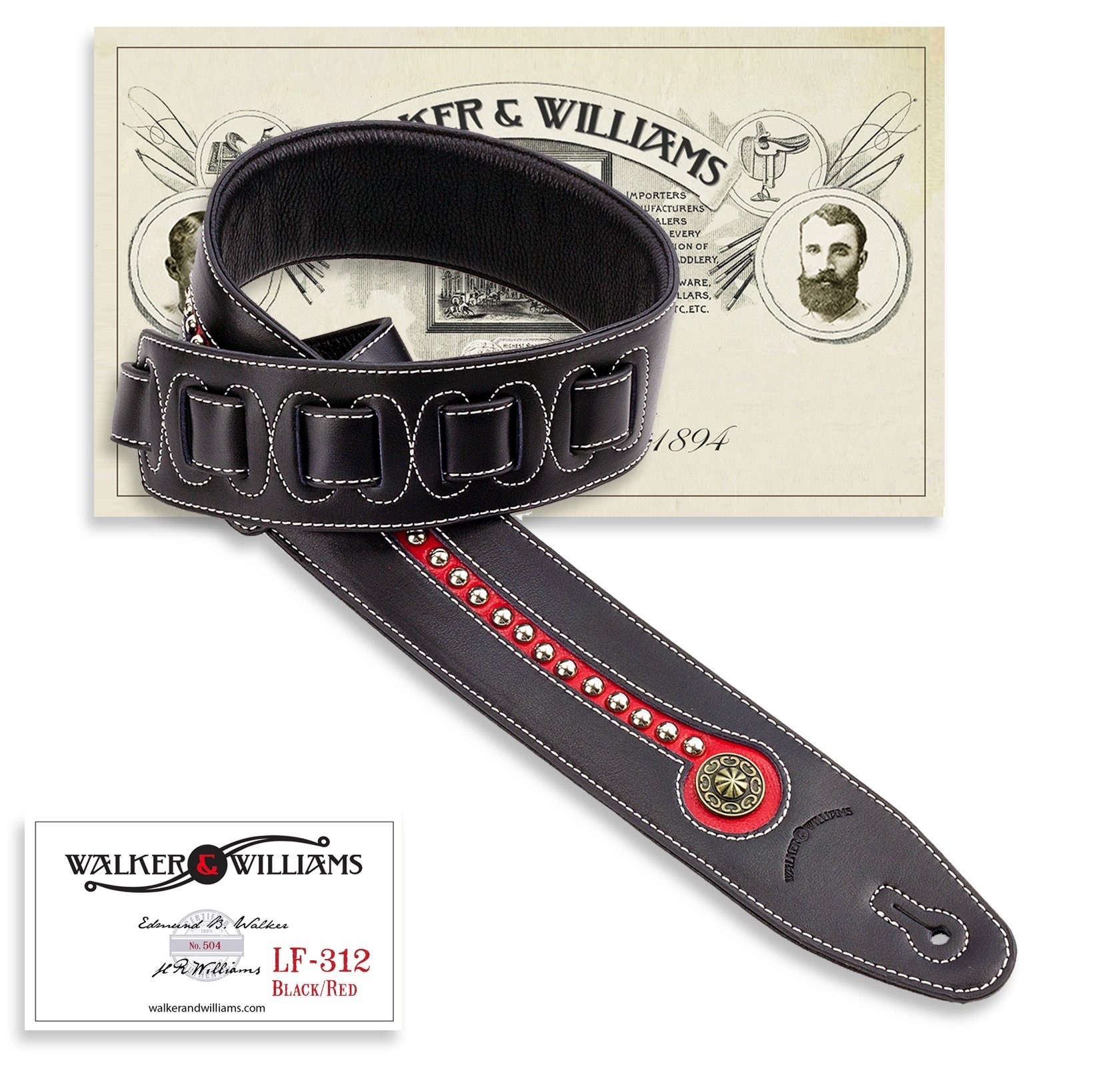 Walker & Williams Black & Red Western Style Padded Guitar Strap with Chrome and Brass Studs For Acoustic, Electric, And Bass Guitars