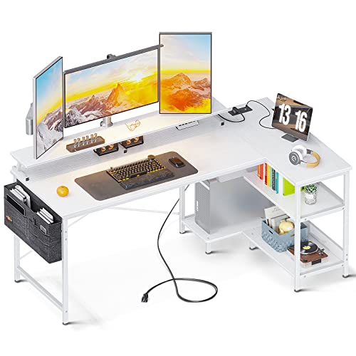 ODK 58 Inch Computer Desk with USB Charging Port & Power Outlet, L-Shaped Corner Desk with Storage Shelves & Monitor Shelf for Home Office Workstation, Modern Writing Table, White