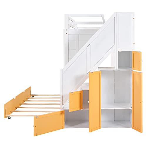 HomSof Twin Over Twin Bunk Bed with Trundle,Stairs,Ladders Solid Wood Bunk Bed with Storage Cabinet (White + Yellow)