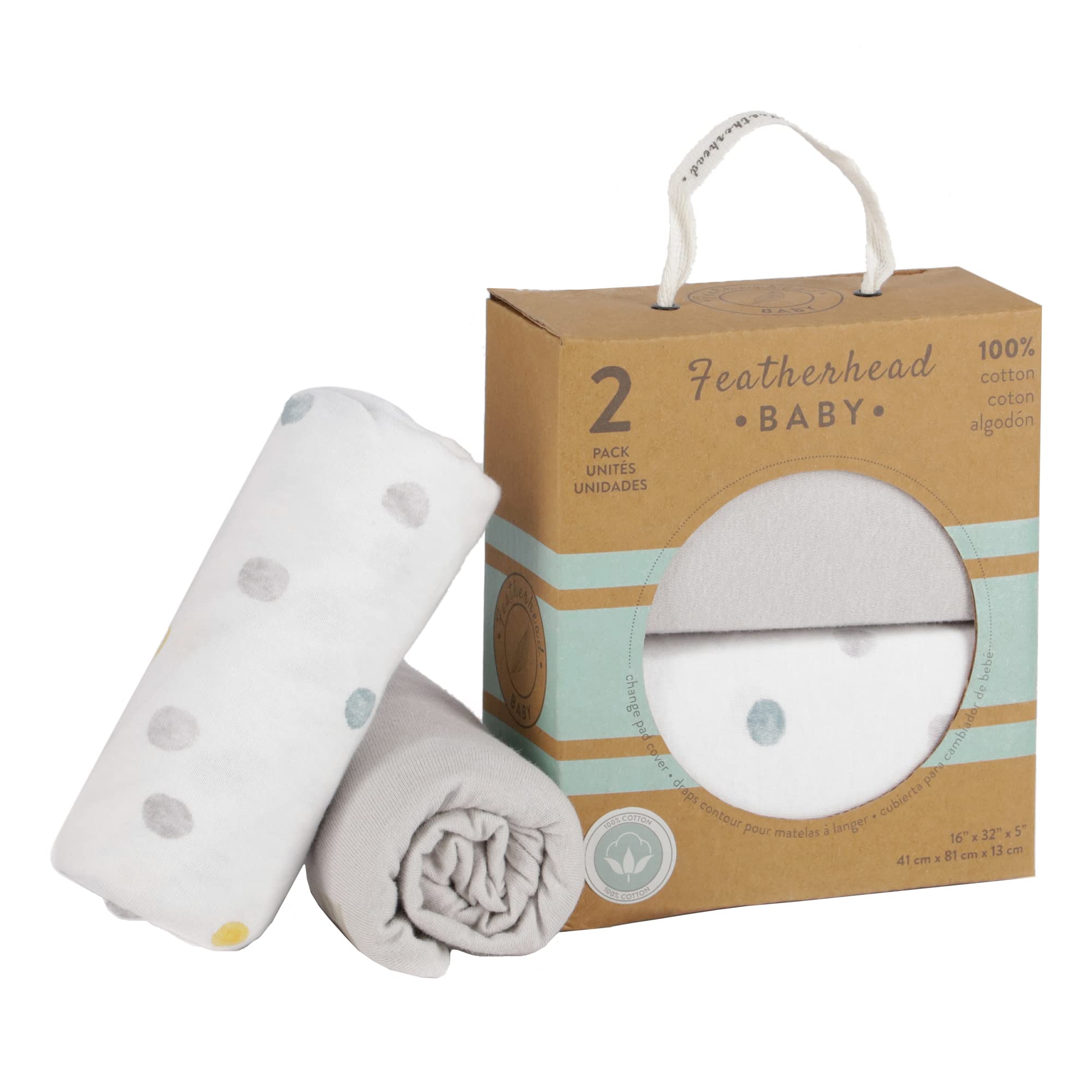 Featherhead™ 2-Pack Changing Pad Covers for Baby Boy & Girl - 100% Cotton Jersey - 16" x 32" - Ultra-Soft, Stretchy, & Lightweight Fitted Sheets (Polka Grey)