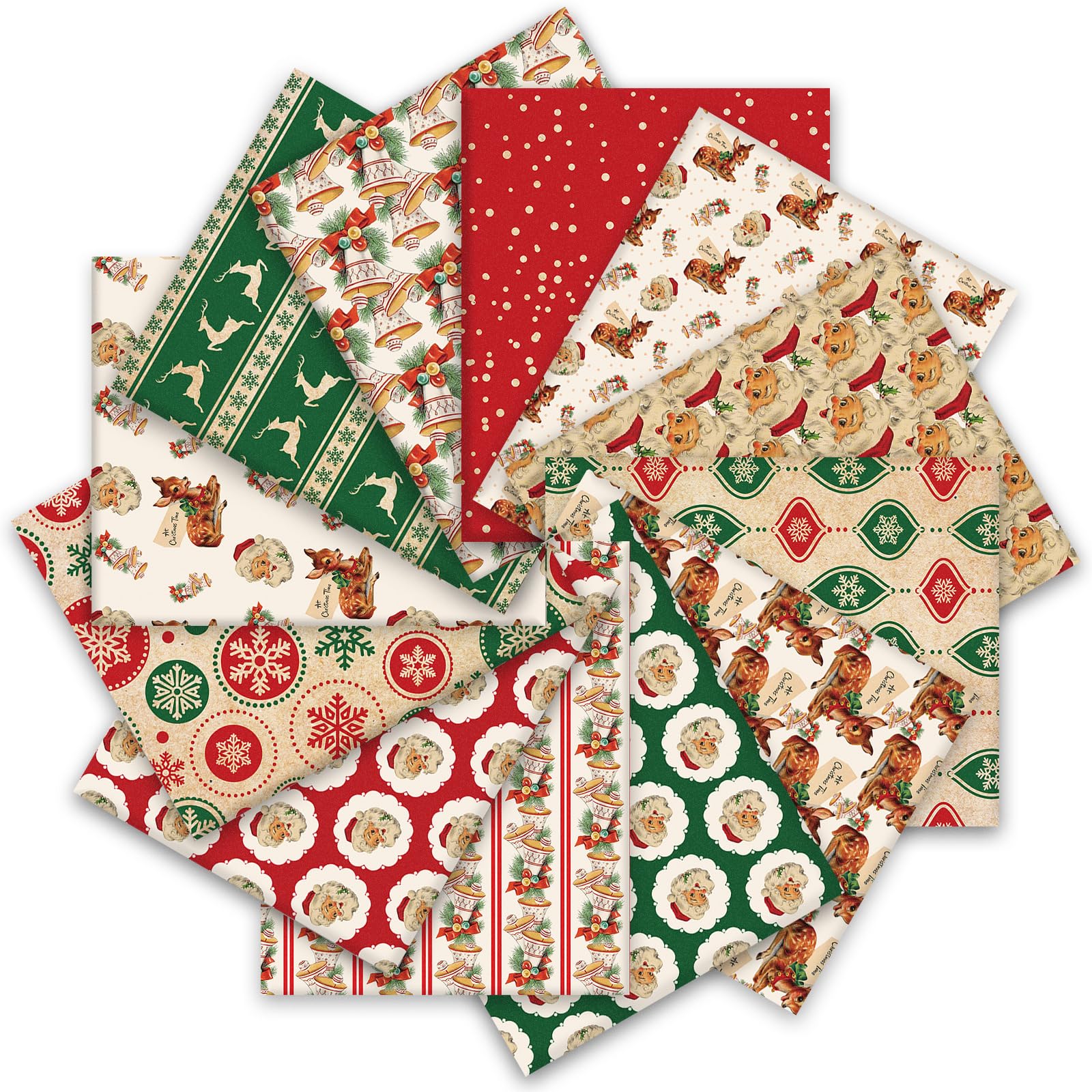 JarThenaAMCS 12Pcs Christmas Cotton Fabric Bundles 18 x 22 Inch Vintage Santa Elk Snowflake Fat Quarters Red Green Holiday Sewing Fabrics for Xmas Winter DIY Craft Party Decor