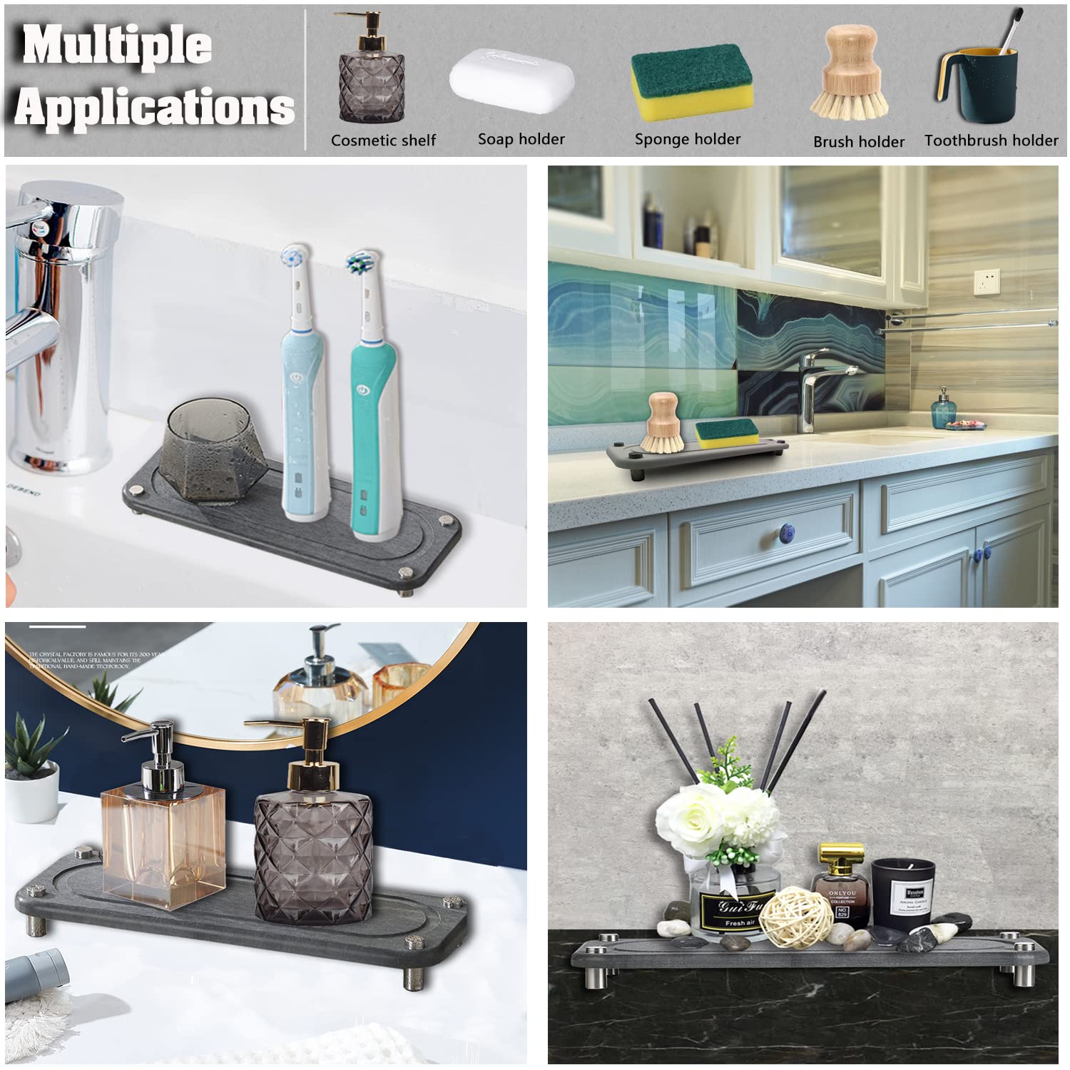 FLYWAKE Instant Dry Sink Organizer, Diatomite Stone Sink Caddy for Kitchen Bathroom Counter Fast Water Absorbing (Grey 2pcs)