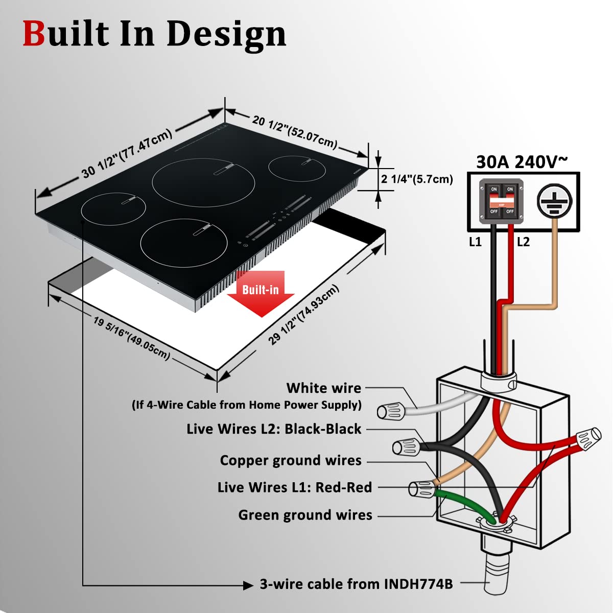 ECOTOUCH 4 Burner Induction Cooktop 30 inch with Booster,220-240v 7200W Built-in Glass Ceramic Electric Induction Burner,True High Power,Drop in Hot Plate 30" Induction Cooktop Hard Wire(No Plug)