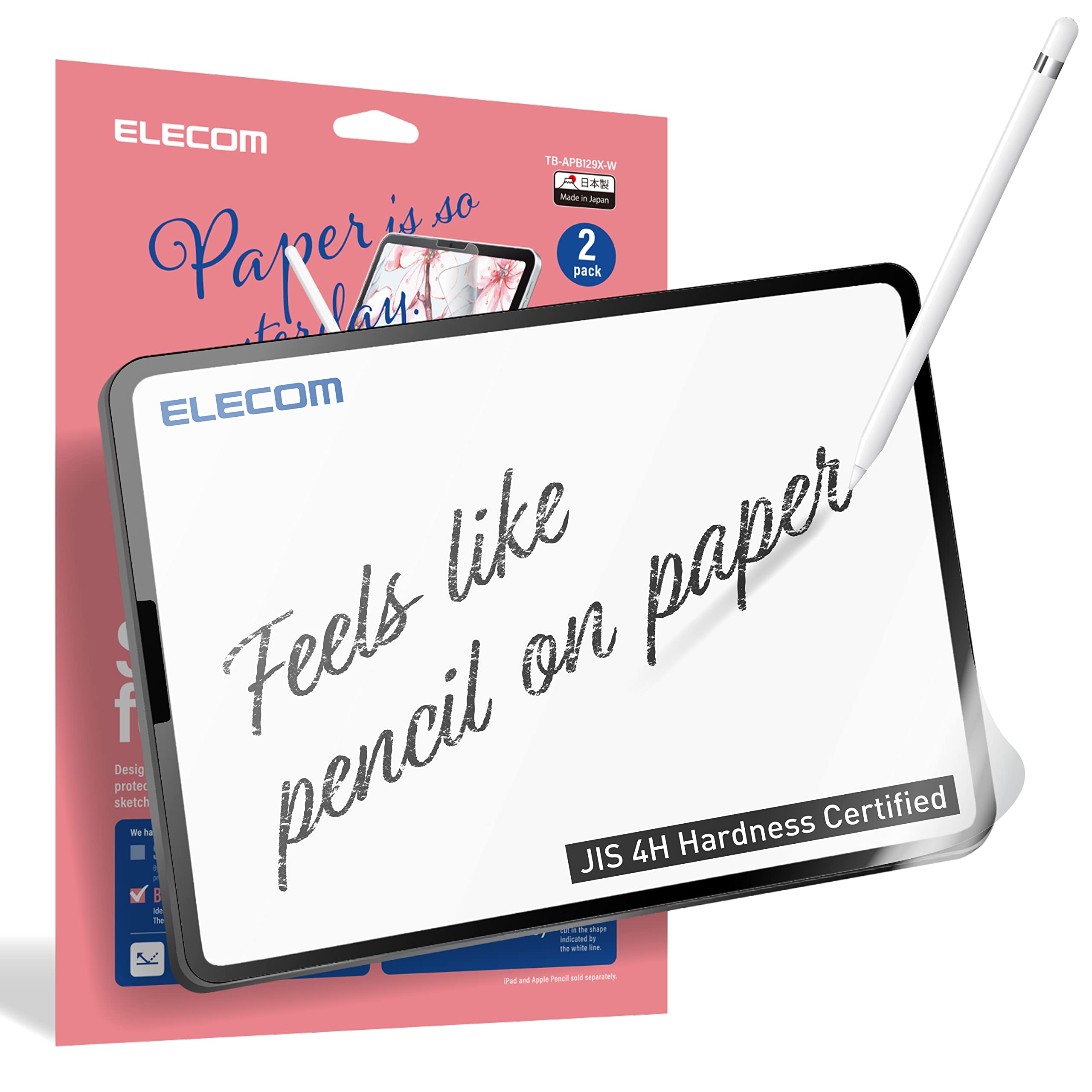 Elecom Pencil Feel Screen Protector -2Packs- Newer model(Easy-Install), Bond type, Japan Made, Pro 5 4 3 (12.9", 2021,2020,2018) Drawing/Notetaking, Anti-glare, Apple Pencil comaptible (TB-APB129X-W)