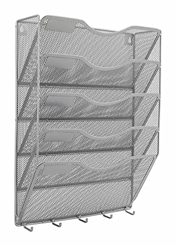 EasyPAG Wall Mount File Organizer with Key Hooks 5 Pocket Vertical Mesh Hanging Wall File Holder Magzine Paper Folders Rack for Office and Home,Silver