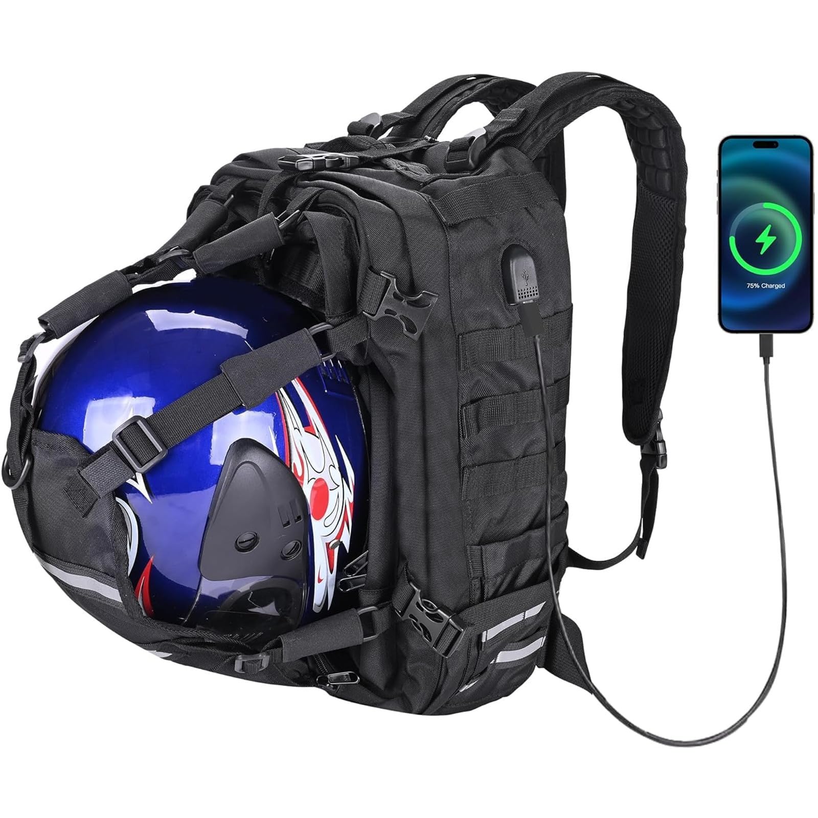 FHV Rechargeable Motorcycle Helmet Backpack with USB Charger Port,Large Capacity Cycling Helmet Holder Backpack Water Resistant Hiking Backpack Military Tactical Backpack for Men Women