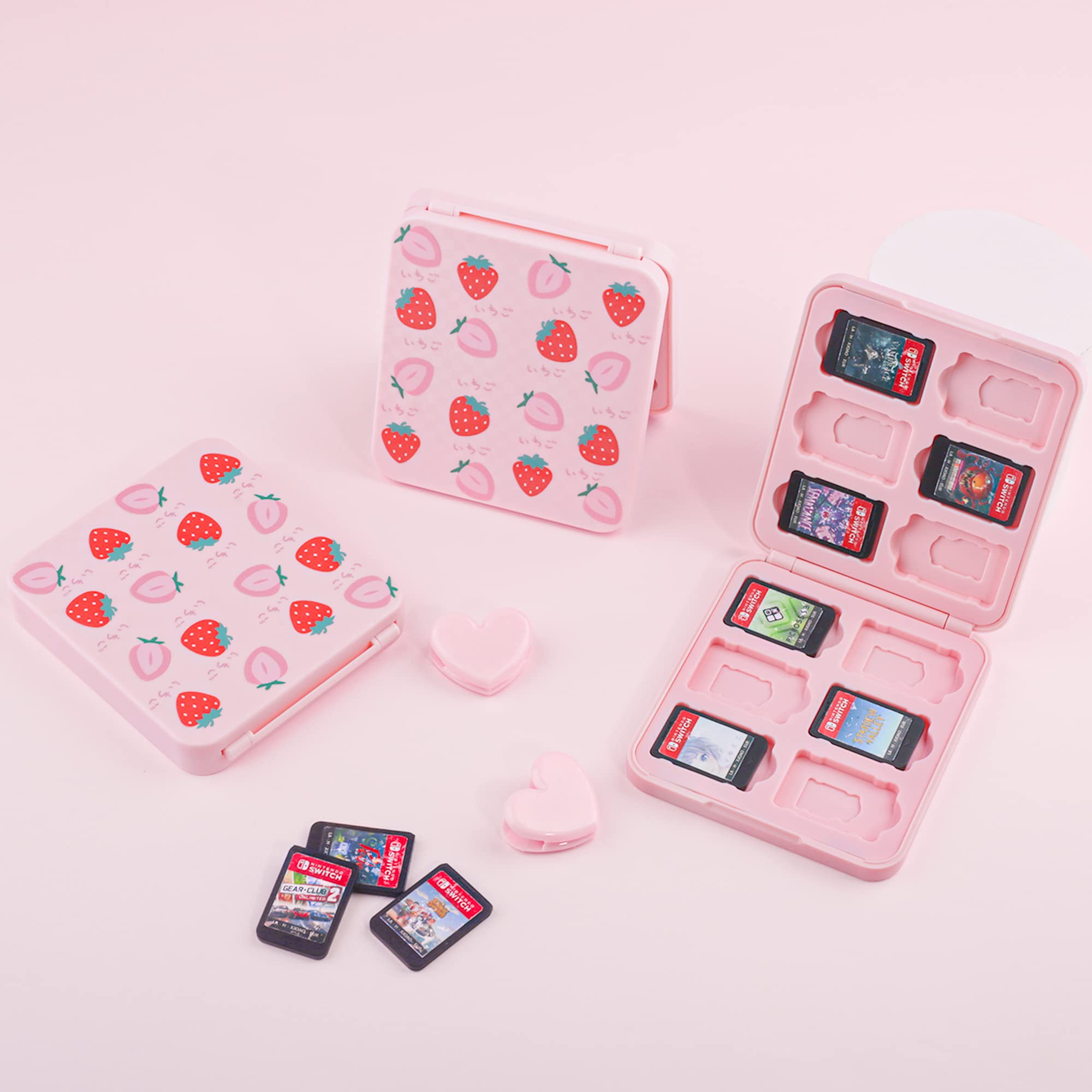FUNDIARY Pink Strawberry Card Case for Nintendo Switch and Switch OLED Games, Cute Magnetic Card Cartridge for 12 Game Card and 12 SD Card, Hard Storage Case with 12 Game Card Slots