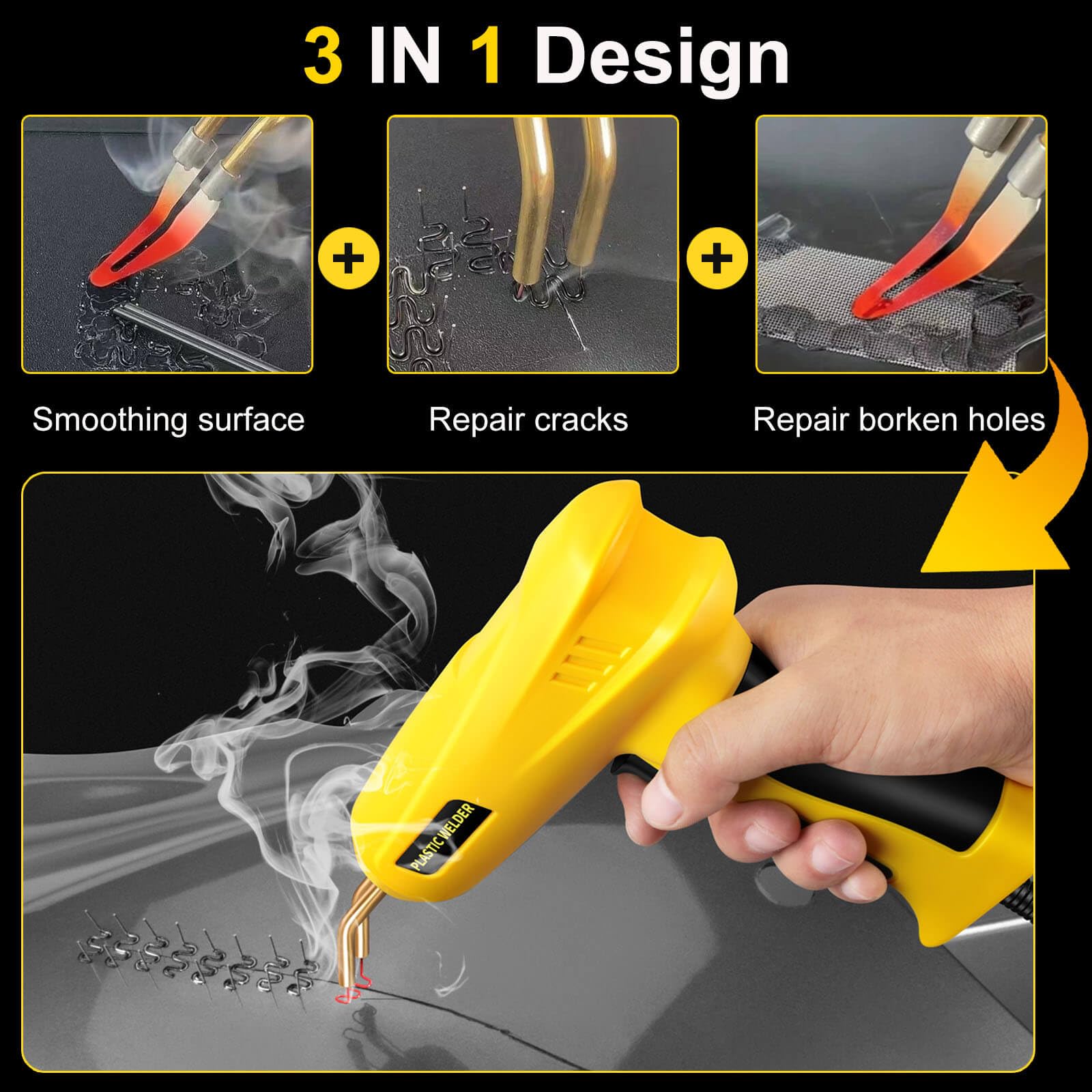EASYWELDER Upgrade 200W Plastic Welder, 1200PCS Hot Staples&106PCS 12 Colors Welding Rods Plastic Welding Kit, 3 IN 1 Plastic Repair Kit, Plastic Welding Gun for Car Bumper/Kayak Plastic Repairs
