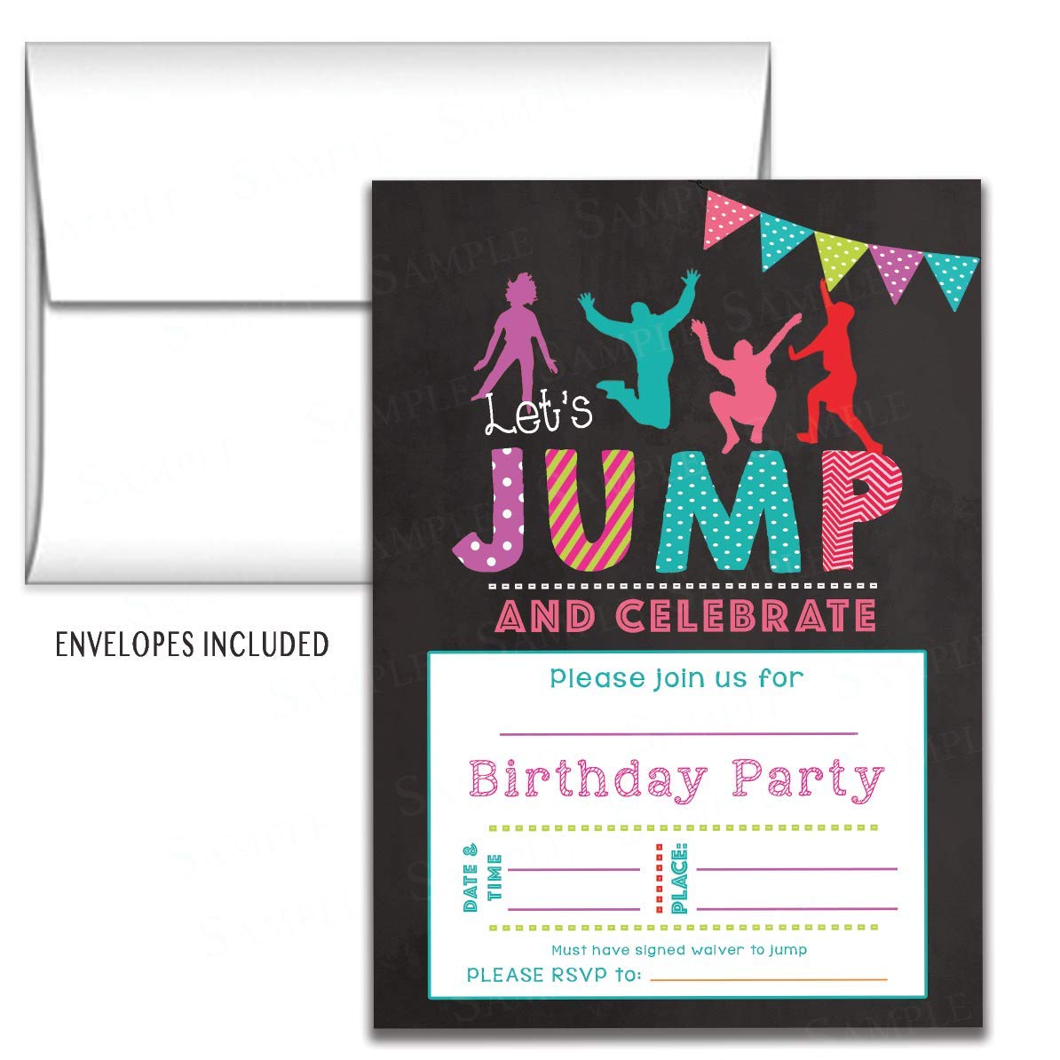 Set of 25 Jumping Kids Birthday Party invitations for Trampoline park Gravitopia, jump zone big air party with envelopes.
