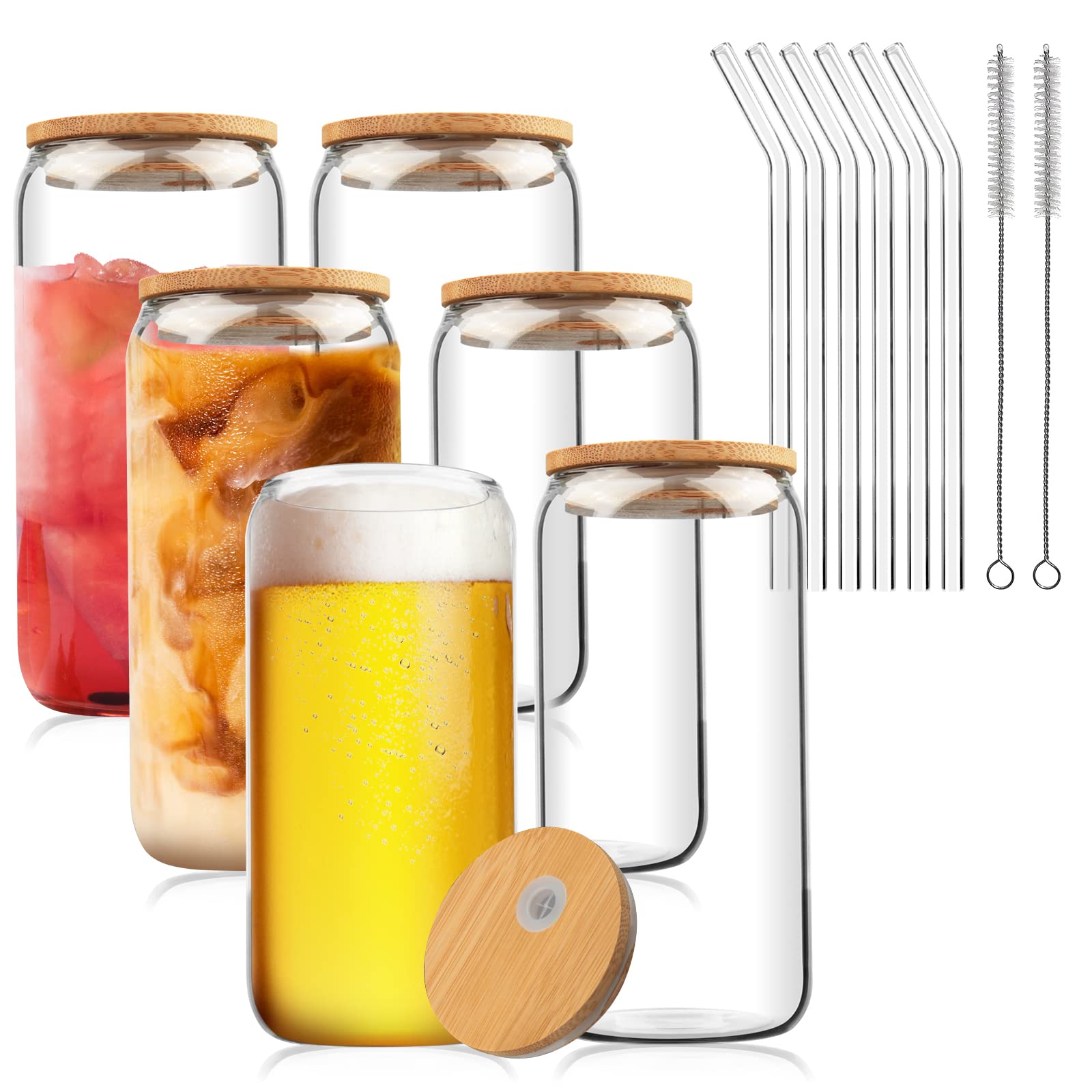 JOYMATE Drinking glasses with Bamboo Lids and Glass Straws 6pcs Set 16oz Can Shaped Glass Cupsļ¼Coffee Glassesļ¼Cold Drinks Glassesļ¼Cute Tumbler Cupļ¼Cocktails cupsļ¼easy to clean-2 brushes