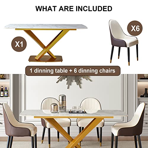 Montary 7-Piece Dining Table Set - 63" Faux Marble Table Top & X-Shaped Solid Gold Carbon Stell Legs, 1 Dining Table with 6 Dining Chairs, Morden Rectangular Dining Set for Kitchen, Resterant
