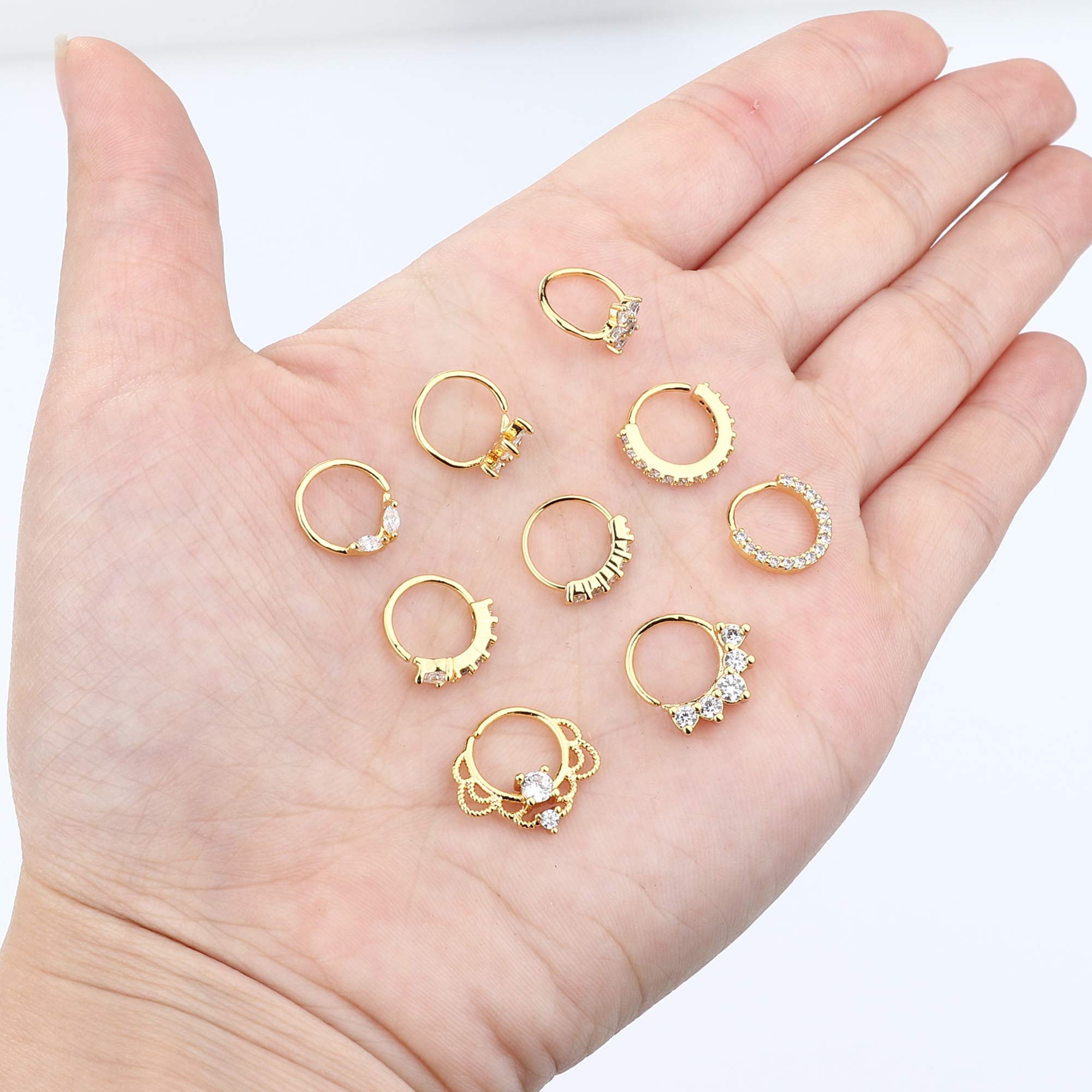 FIBO STEEL 20G Nose Ring Hoop for Women Men Paved CZ Cartilage Earring Bendable Body Ear Piercing Hoop Ring 9Pcs Gold