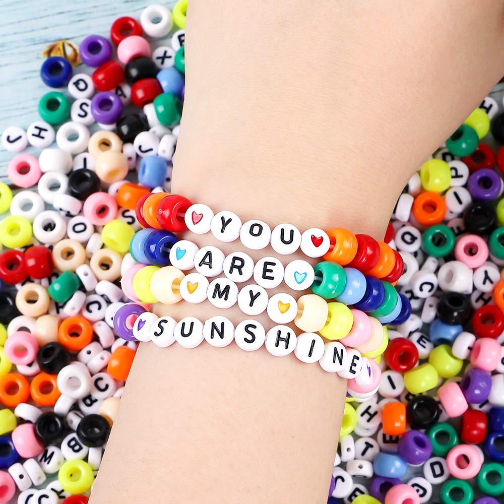 DICOBD 1000pcs 6×9cm Pony Beads Rainbow Mix Plastic Letter Beads for Friendship Bracelet Necklace Making Crafts with 2 Elastic String Cords