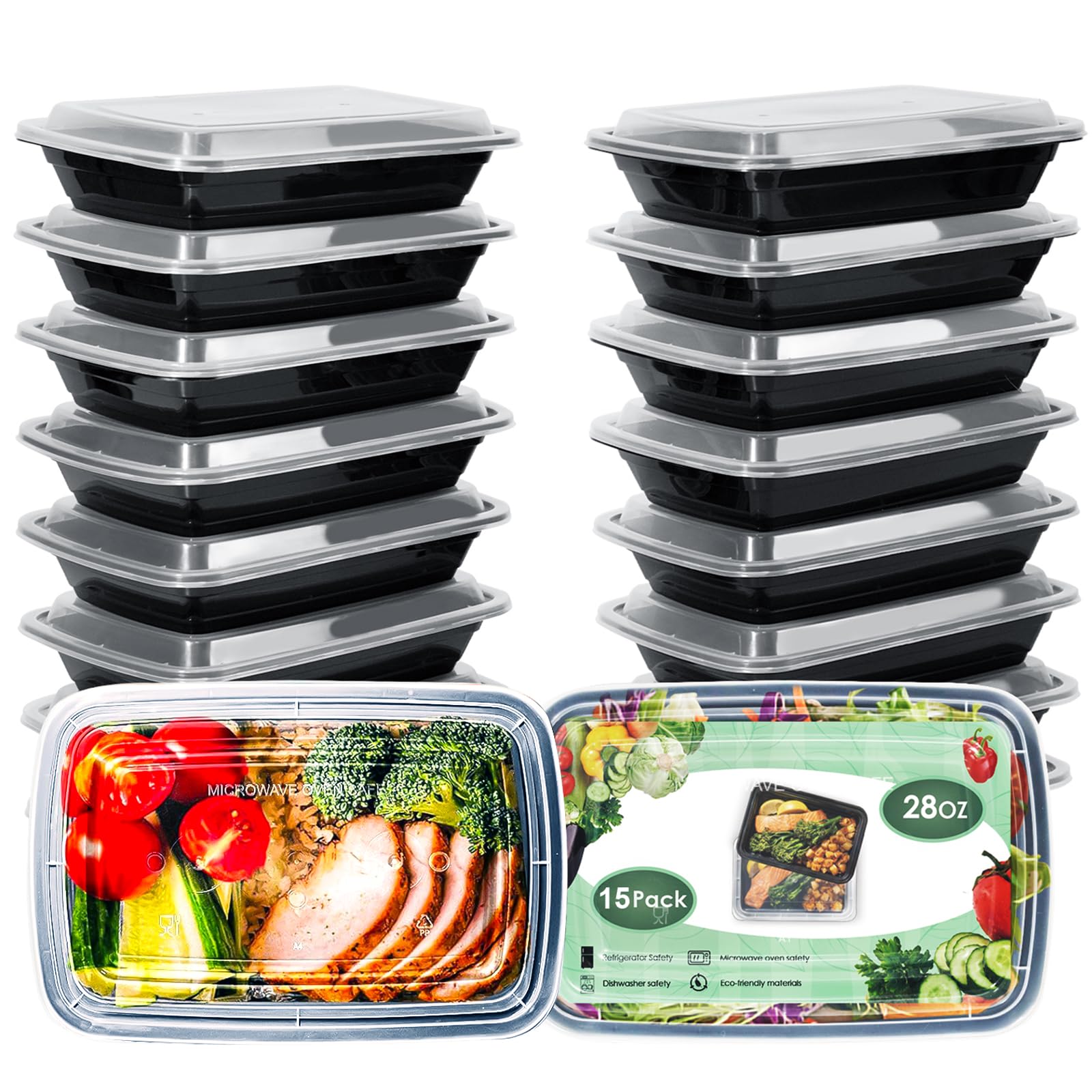 Meal Prep Containers, 28oz 15 Pack Extra-thick Food Storage Containers with Lids, Reusable Plastic Bento Lunch Box, Disposable Bento Box, BPA Free, Stackable, Microwave/Dishwasher/Freezer Safe…