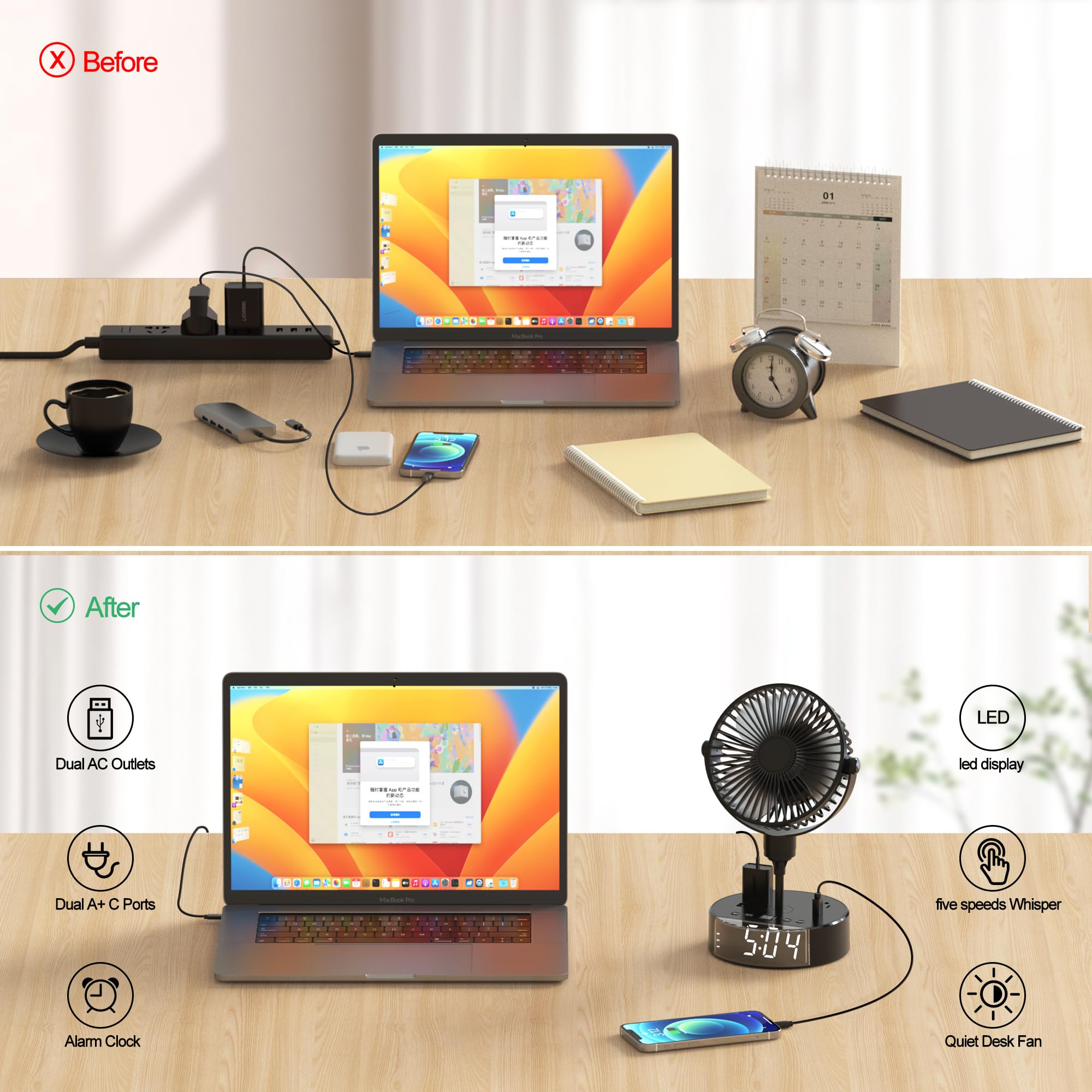 Fereowth Quiet Desk fan,Office Fan with 2 USB Charging Ports,Table Fan with 2 AC Power Outlets ,Bedroom Fan with Timer Alarm.Personal Fan for Home,Strong Wind, Quiet Operation(black gray)