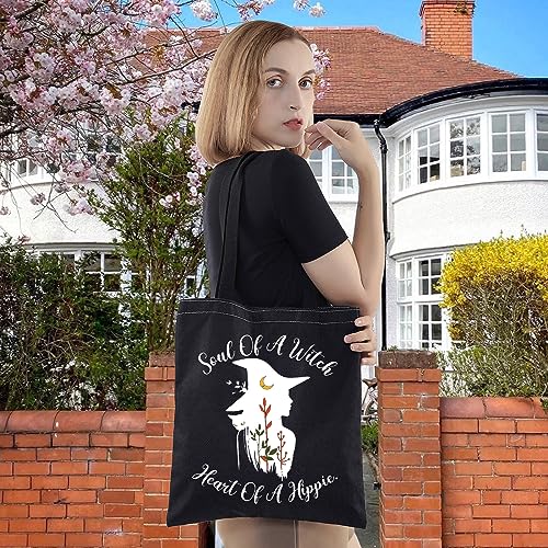 LEVLO Witch Canvas Tote Bag Witchy Gift Soul Of a Witch Heart Of a Hippie Shoulder Bag Witch Magic Merchandise (Soul Of a Witch BT)