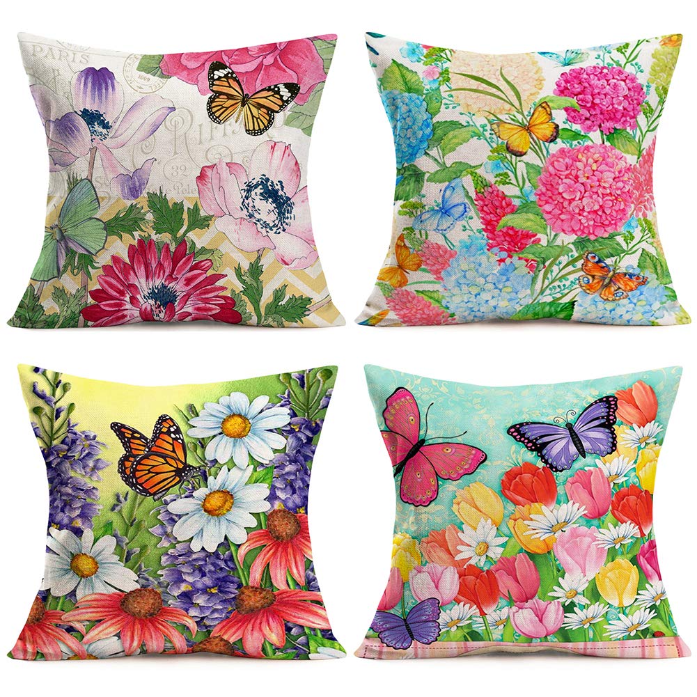 Doitely Set of 4 Butterfly Series Throw Pillow Cases Colorful Blossoming Flowers Decorative Cushion Cover for Home Sofa Garden Outdoor Decor Pillowcase 18"x 18" (Colorful Butterfly)