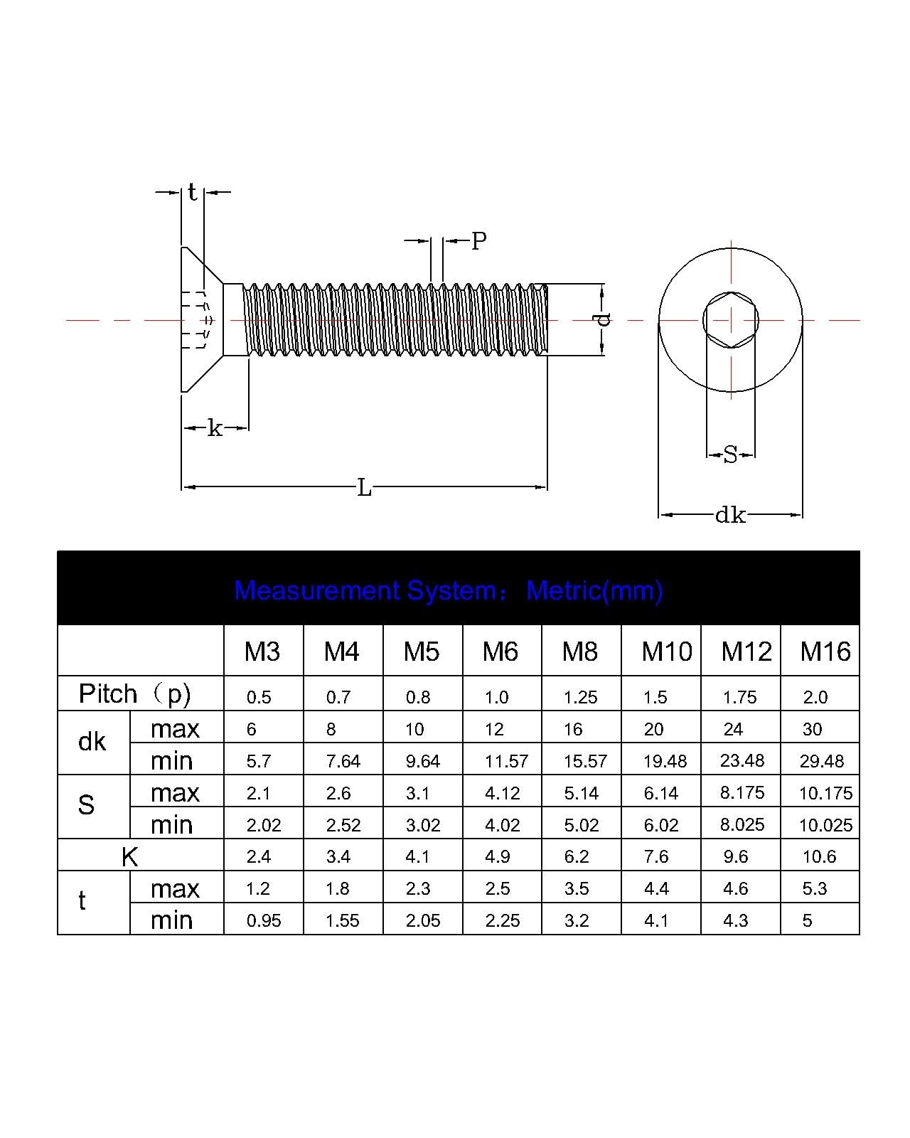 M6-1.0 x 75mm 304 Stainless Steel 18-8 (A2-70) Flat Head Screws, Countersunk Bolts Allen Hex Drive Socket Cap Screws, Fully Threaded, 20-Pack