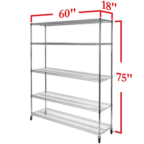 Seville Classics UltraDurable Commercial-Grade 5-Tier NSF-Certified Wire Shelving with Wheels, 60" W x 18" D, Plated Steel