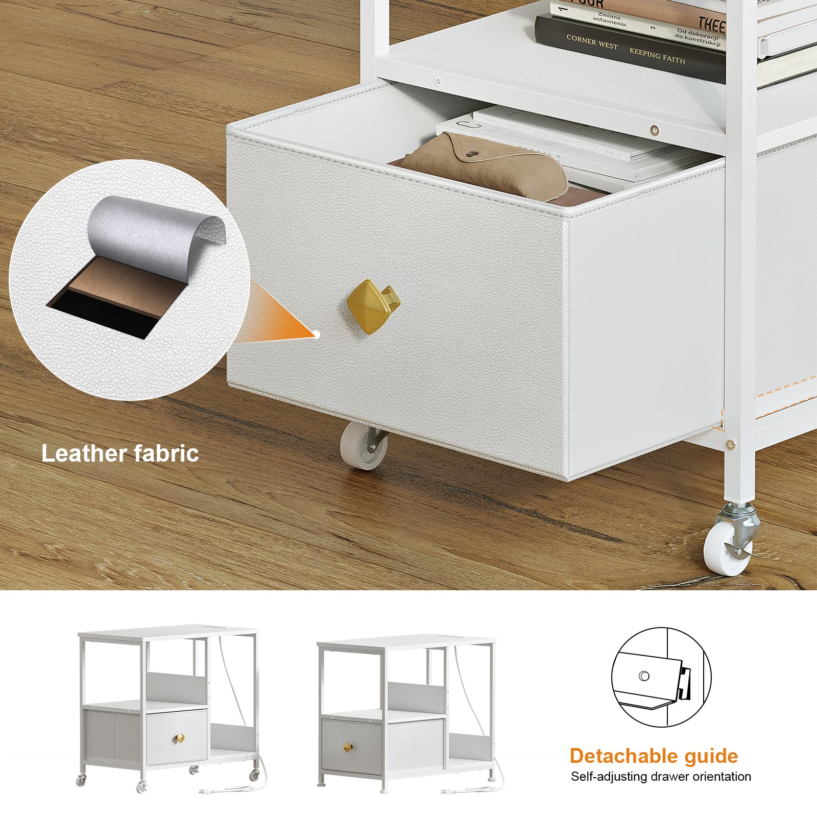 REAHOME End Table with Charging Station, Side Tables with Wheels, Nightstand with Storage Shelves for Small Space, Bedside Table for Bedroom-White