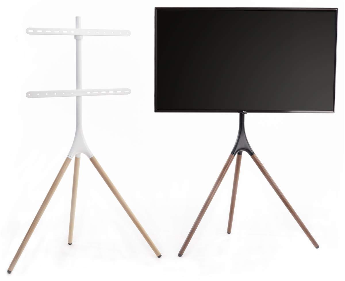 Displays2go 43”- 65” Tripod Easel Artistic TV Stand, 180° Swivel – Black/Walnut (ARTTV65B)