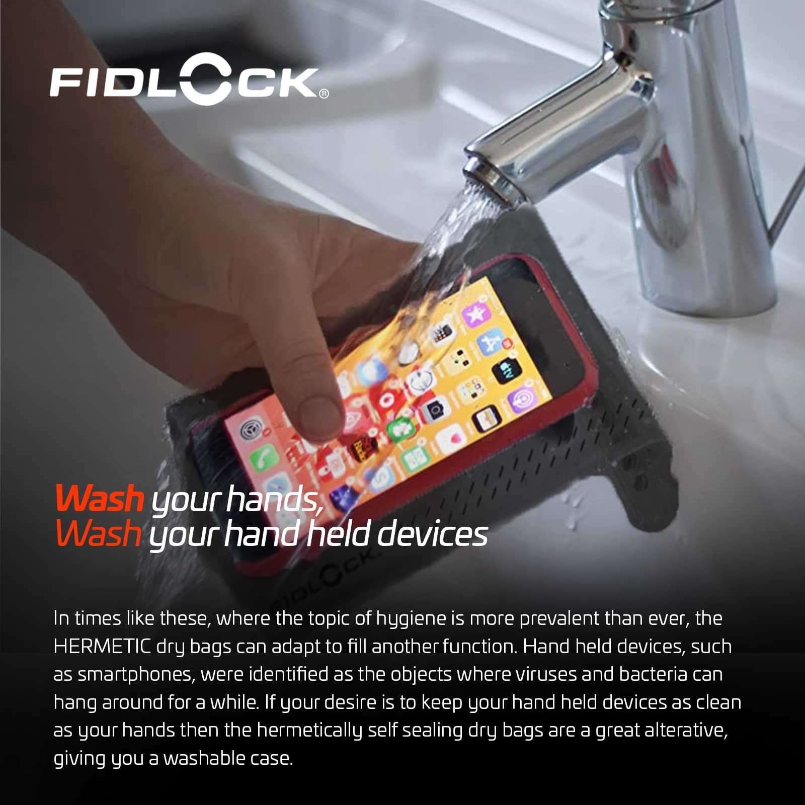 FIDLOCK Hermetic Dry Bag Multi - Flexible Magnetic Self-Sealing Bag for Cellphone | 100% Waterproof and Sand Proof - Practical Size with a Large Opening, with Lanyard included - Fabric Black