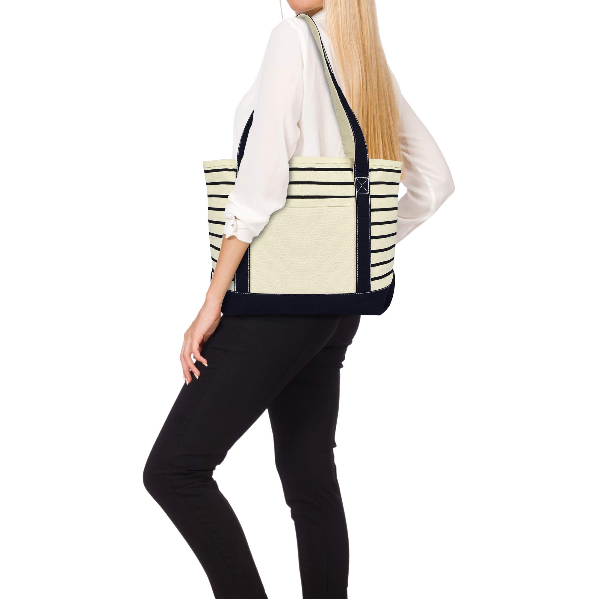 DALIX Medium Stripe Tote Deluxe Shoulder Bag Cotton Canvas in Black