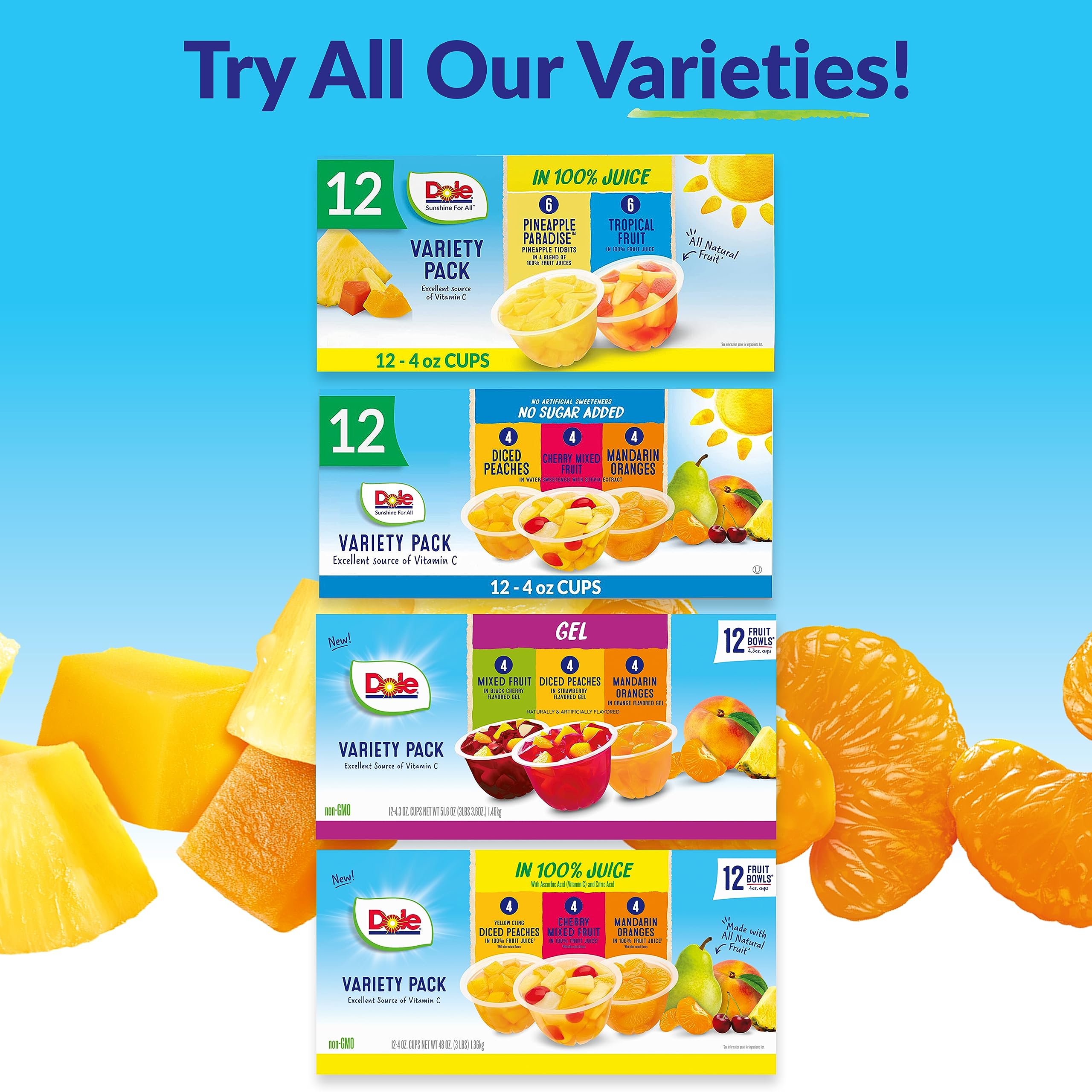 Dole Fruit Bowls In Gel Variety Pack Snacks, Peaches, Mixed Fruit, Mandarin Oranges, 4oz 12 Total Cups, Gluten & Dairy Free, Bulk Lunch Snacks for Kids & Adults