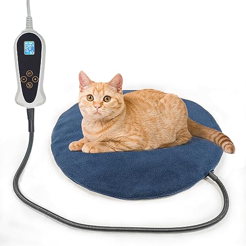 RC SLL Cat Heating Pad,Heated Cat Bed Indoor Electric Warming Cat Bed,Upgraded Adjustable Controller,Waterproof Kitten Heating Pad with Chew Resistant Steel Cord(PVC,Round-Ø15.5inch)