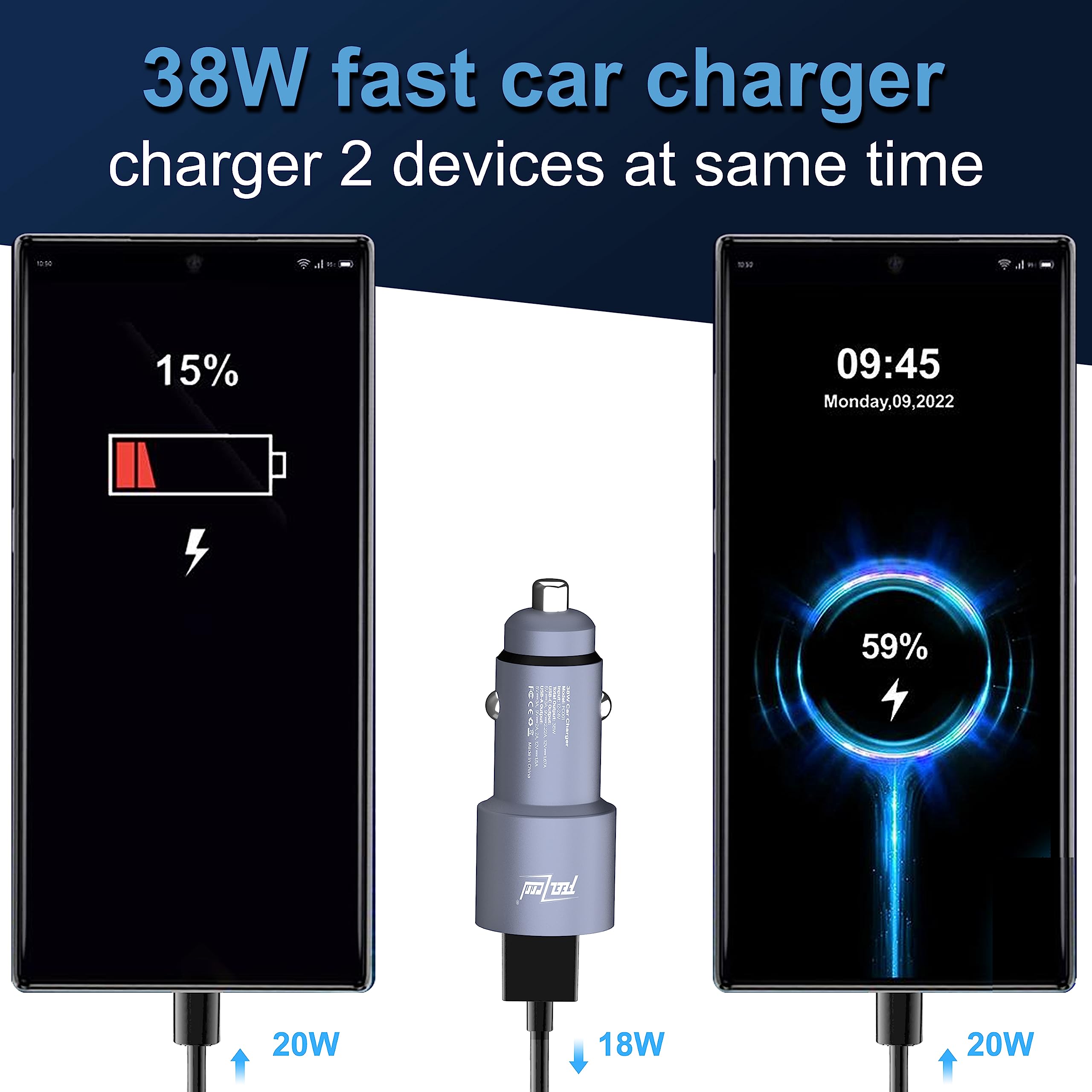 FeelCool USB C Car Charger 38W, PD 20W & QC 18W Fast Car Charging Adapter, Car Charger Cigarette Lighter with 3.3ft. Type C Cable for iPhone 15/14/13, Samsung Galaxy S23/S22/S21/Ultra, Google Pixel