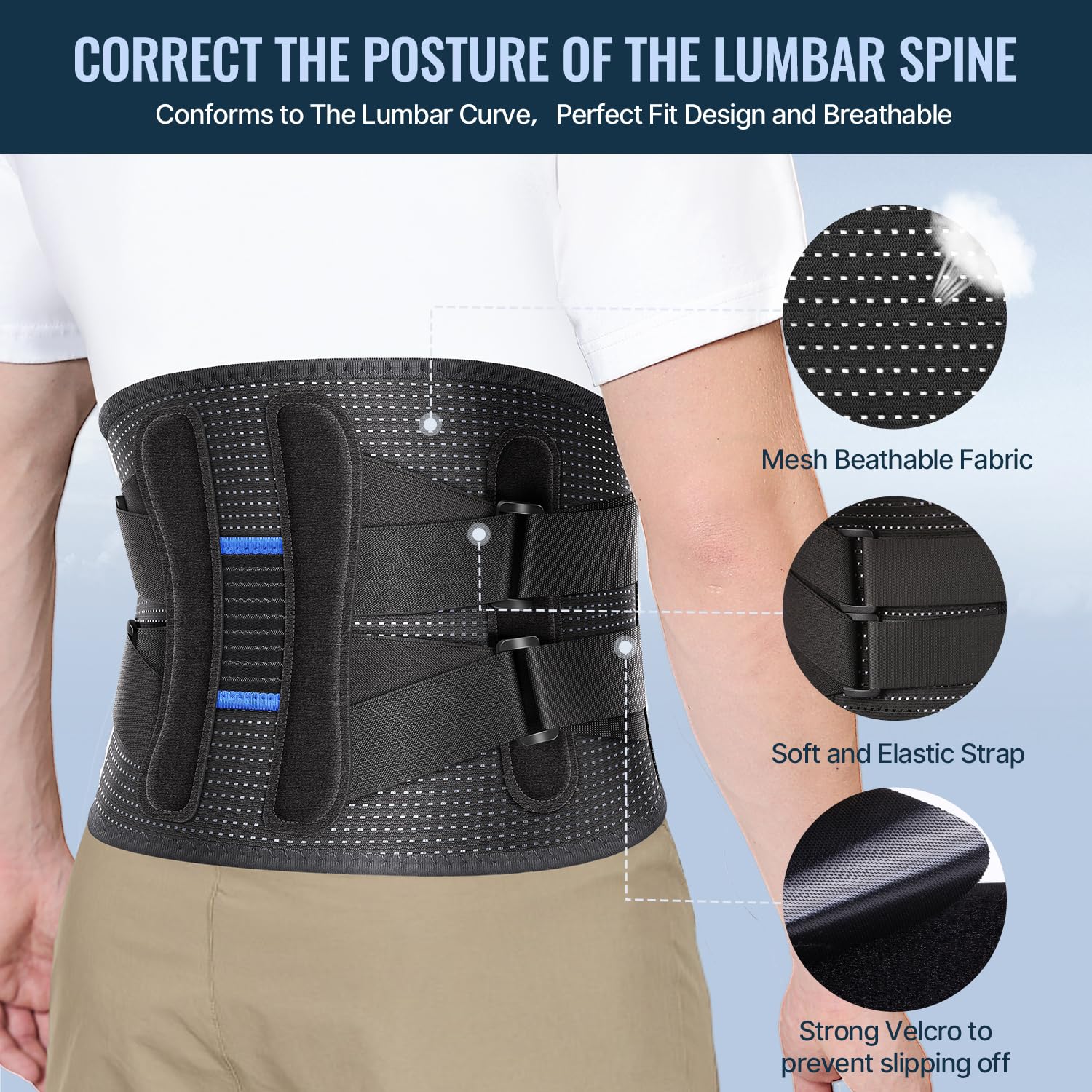 Fit Geno Back Brace for Lower Back Pain: Back Support Lumbar Belt for Women and Men - Breathable Lower Back Pain Relief Herniated Disc Sciatica Sacral - Ideal for Lifting Working Sports Large