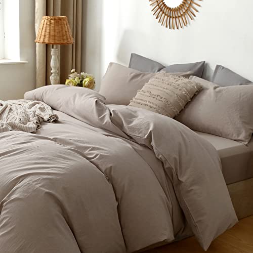 MooMee Bedding Duvet Cover Set 100% Washed Cotton Linen Like Textured Breathable Durable Soft Comfy (Taupe, King Size)