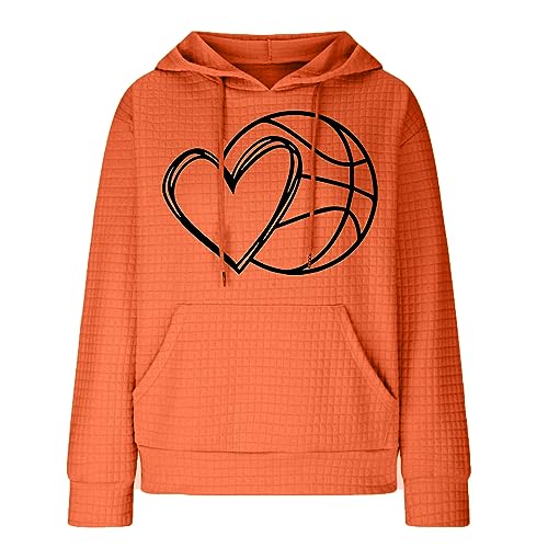 DOLKFU my recent orders placed by me womens sweatshirt Oversized Sweatshirt for Women Long Sleeve Cute Heart Graphic Print Waffle Hoodies Trendy Pullover with Pocket Orange XXL