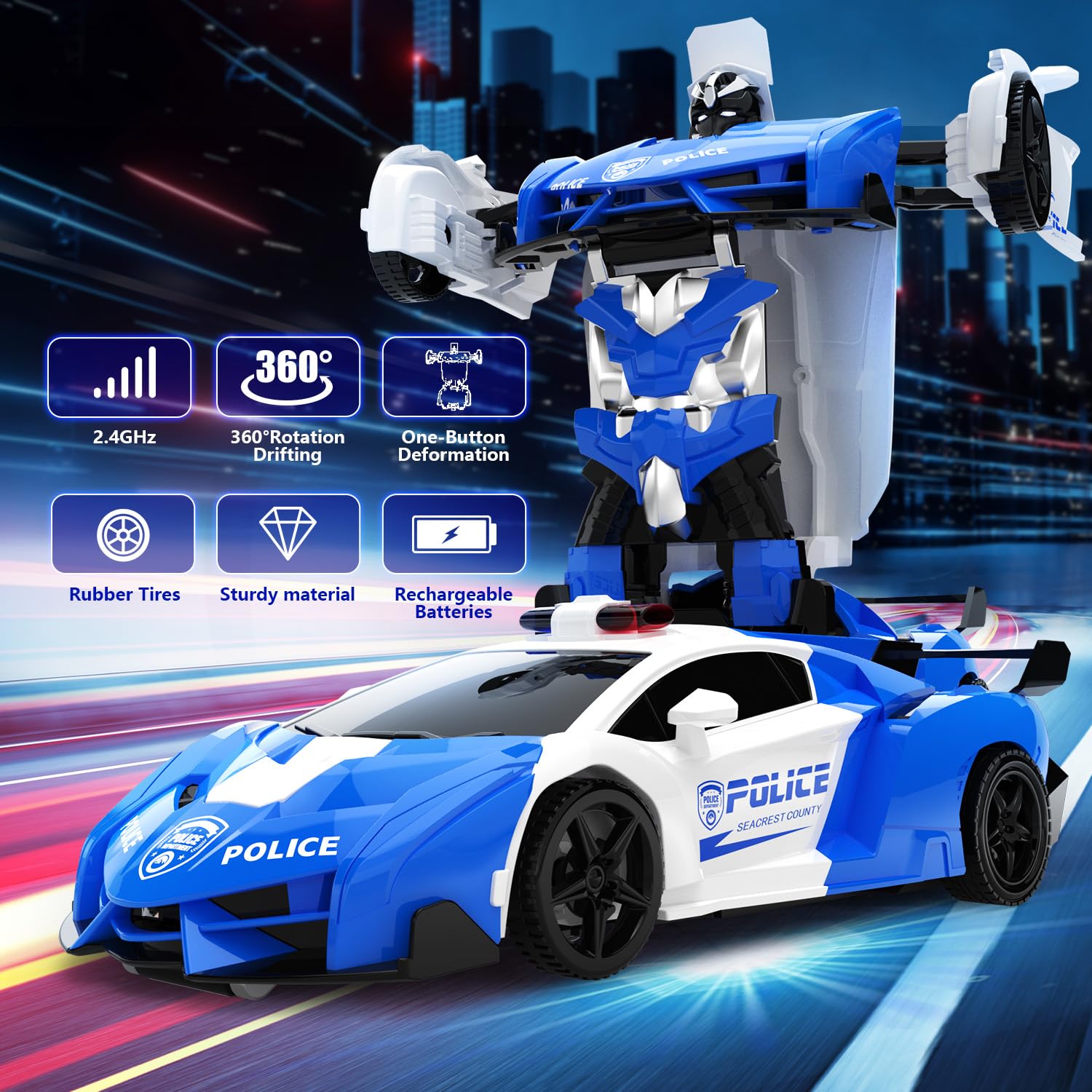 DEERC Transform Remote Control Car,2.4GHz Robot RC Cars,1:18 Scale Police Car Toy One-Button Deformation & 360° Rotating Drifting for Kids Boys Age 4-7 8-12 Birthday Xmas Gift