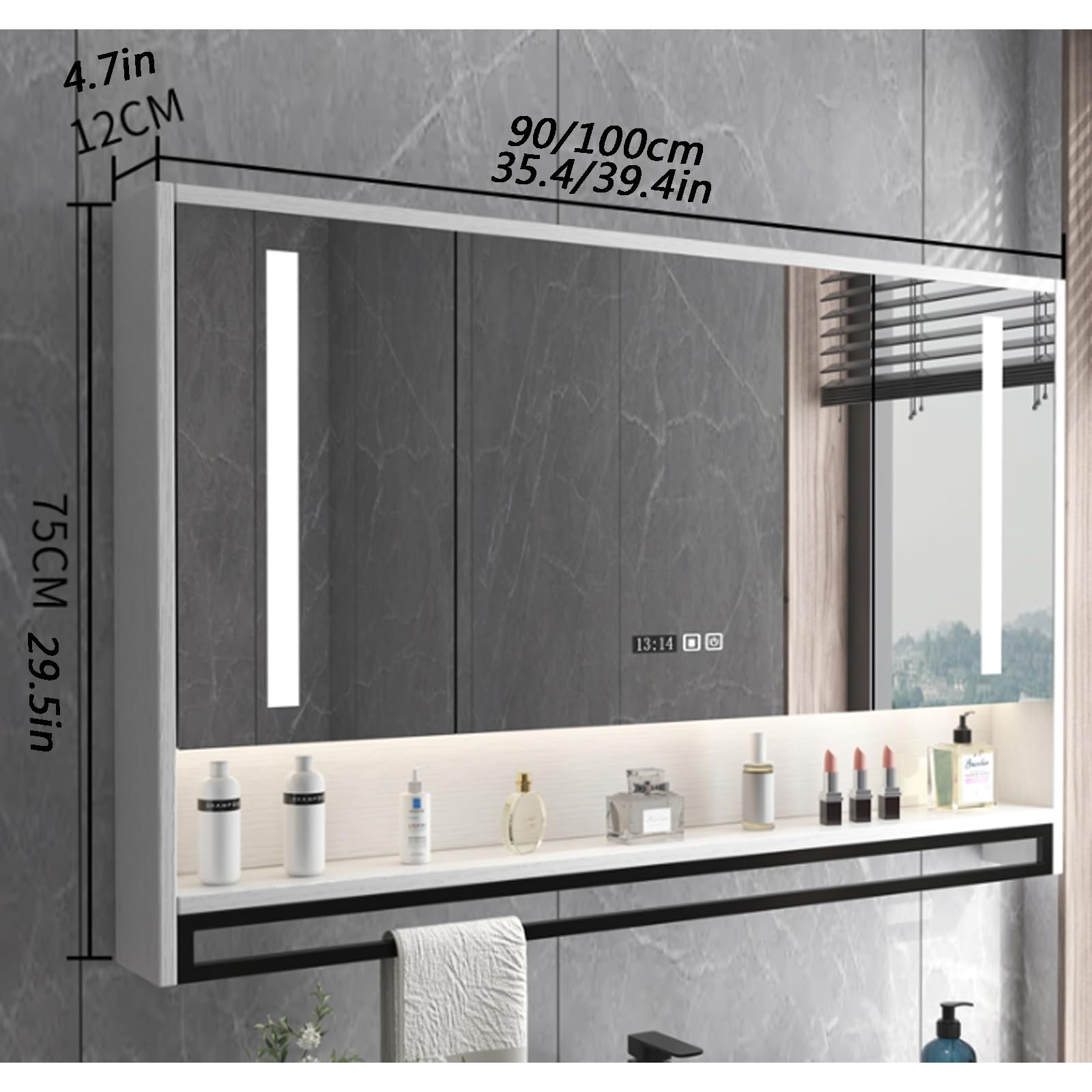 Medicine cabinet with HD mirror,bathroom mirror with anti fog,Modern Smart medicine cabinet mirror with LED lights,bathroom storage organizer Clock and Temper Display,With towel bar,Touch Switch ( Col