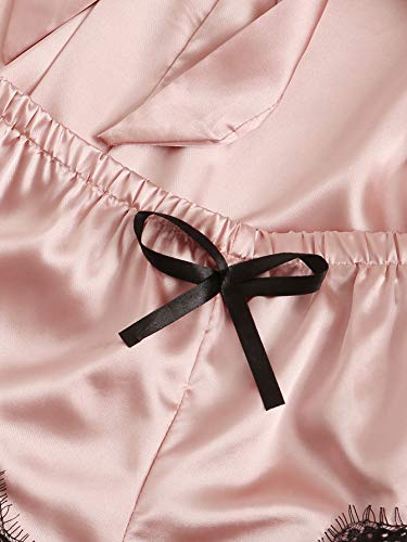 WDIRARA Women' Silk Satin Pajamas Set 4pcs Lingerie Floral Lace Cami Sleepwear with Robe Pink S